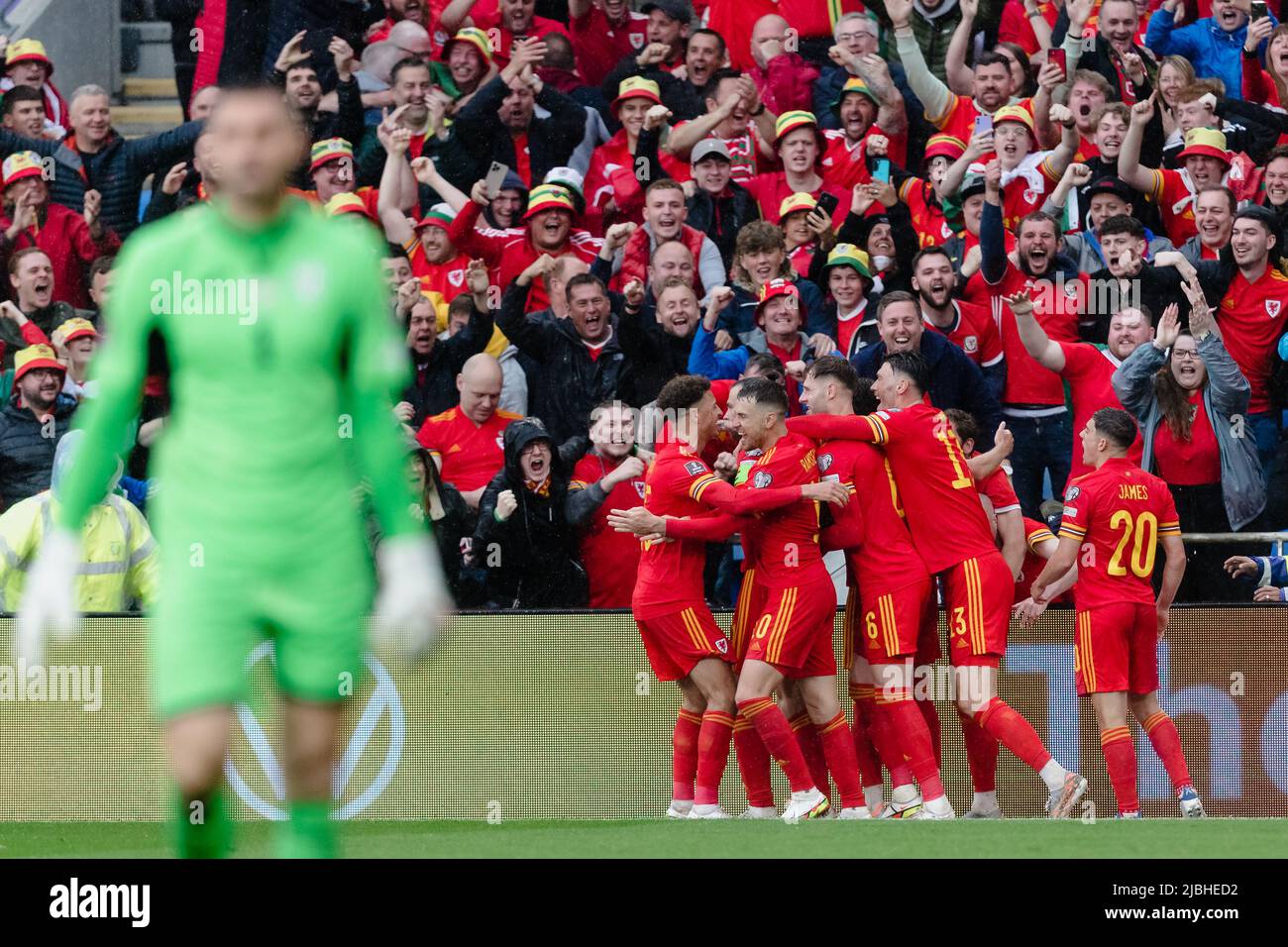 CARDIFF, WALES - 05 JUNE 2022: Wales' Gareth Bale scores a free kick ...