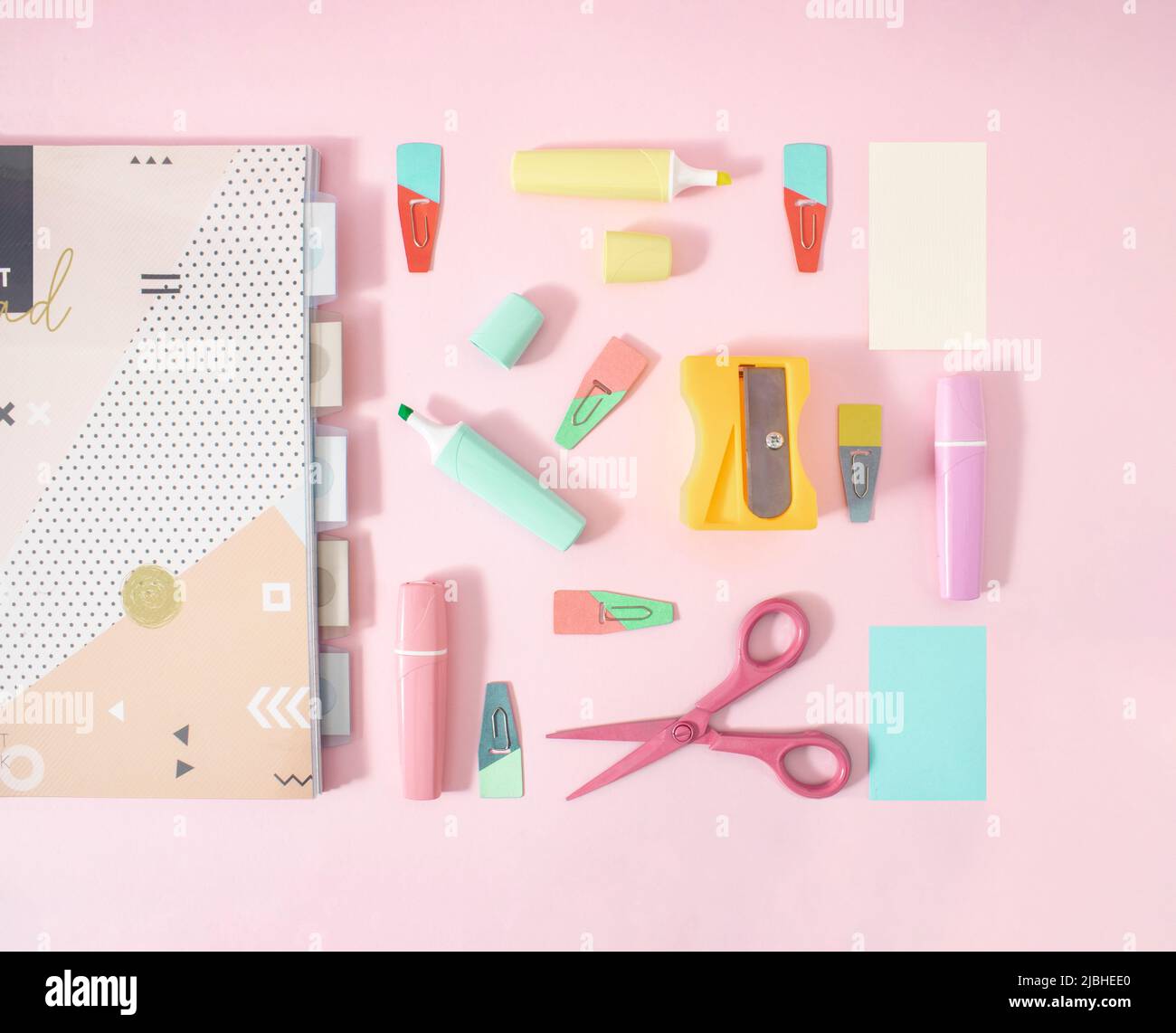 Creative flat lay concept of pastel office and school supplies. Cute ...