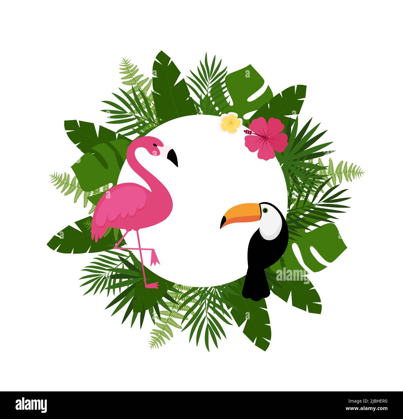 Summer postcard background with tropical plants and flowers, flamingos ...