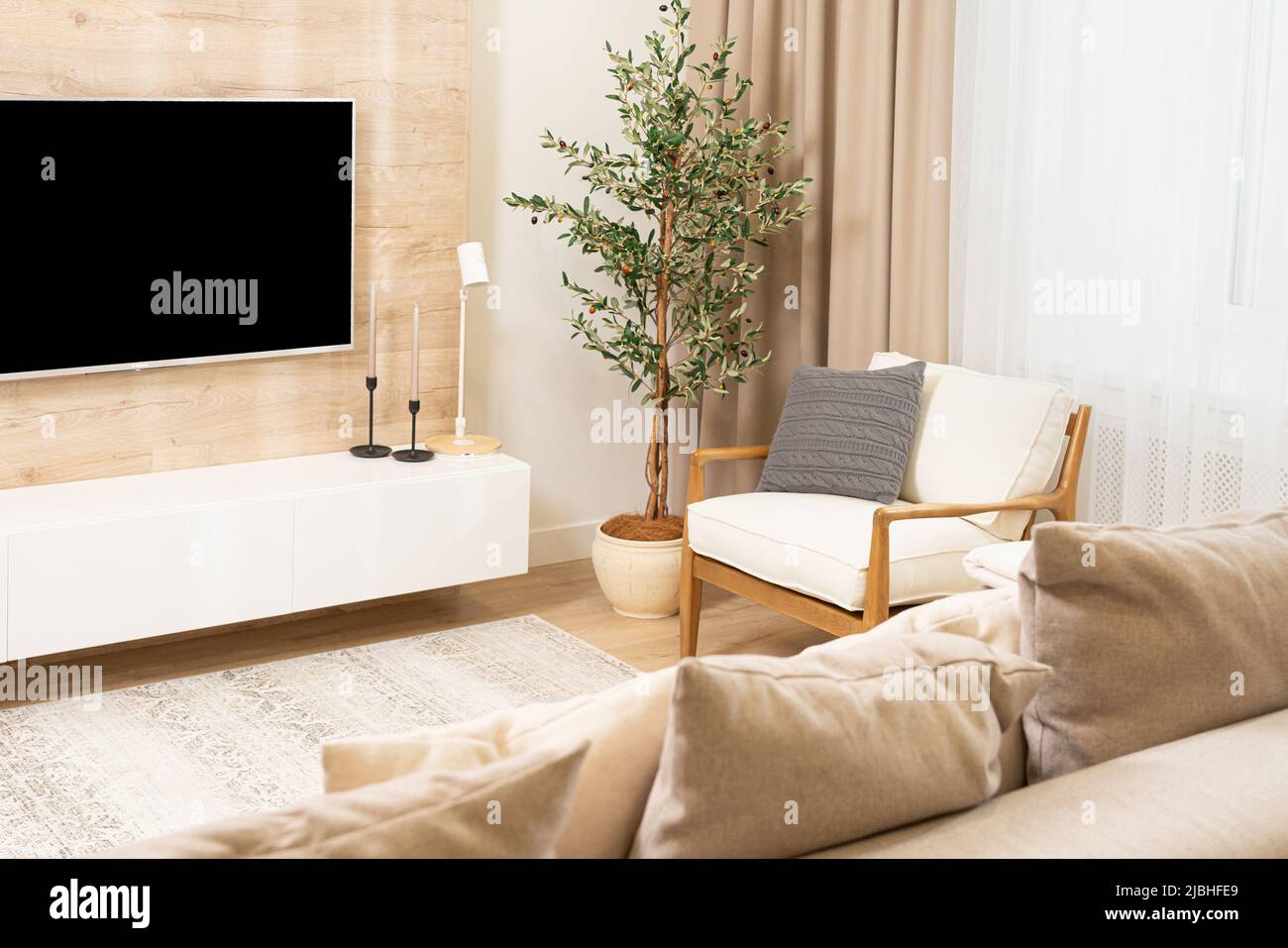 TV wall mount in modern living room side view Stock Photo - Alamy