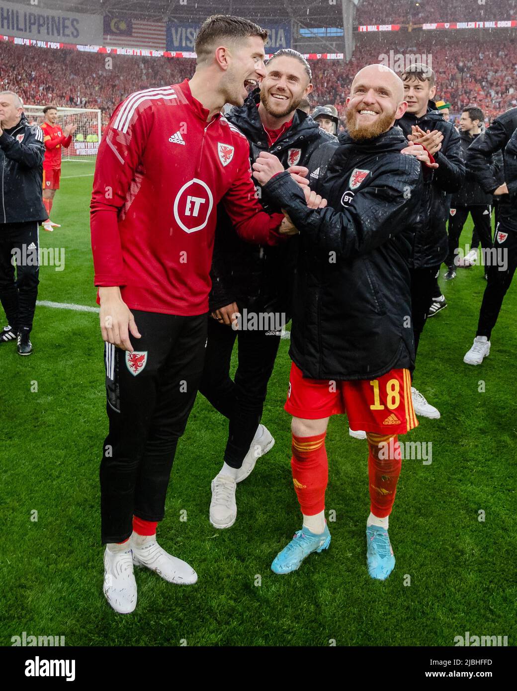 CARDIFF, WALES - 05 JUNE 2022: Wales' Chris Mepham, Wales' Wes Burns ...