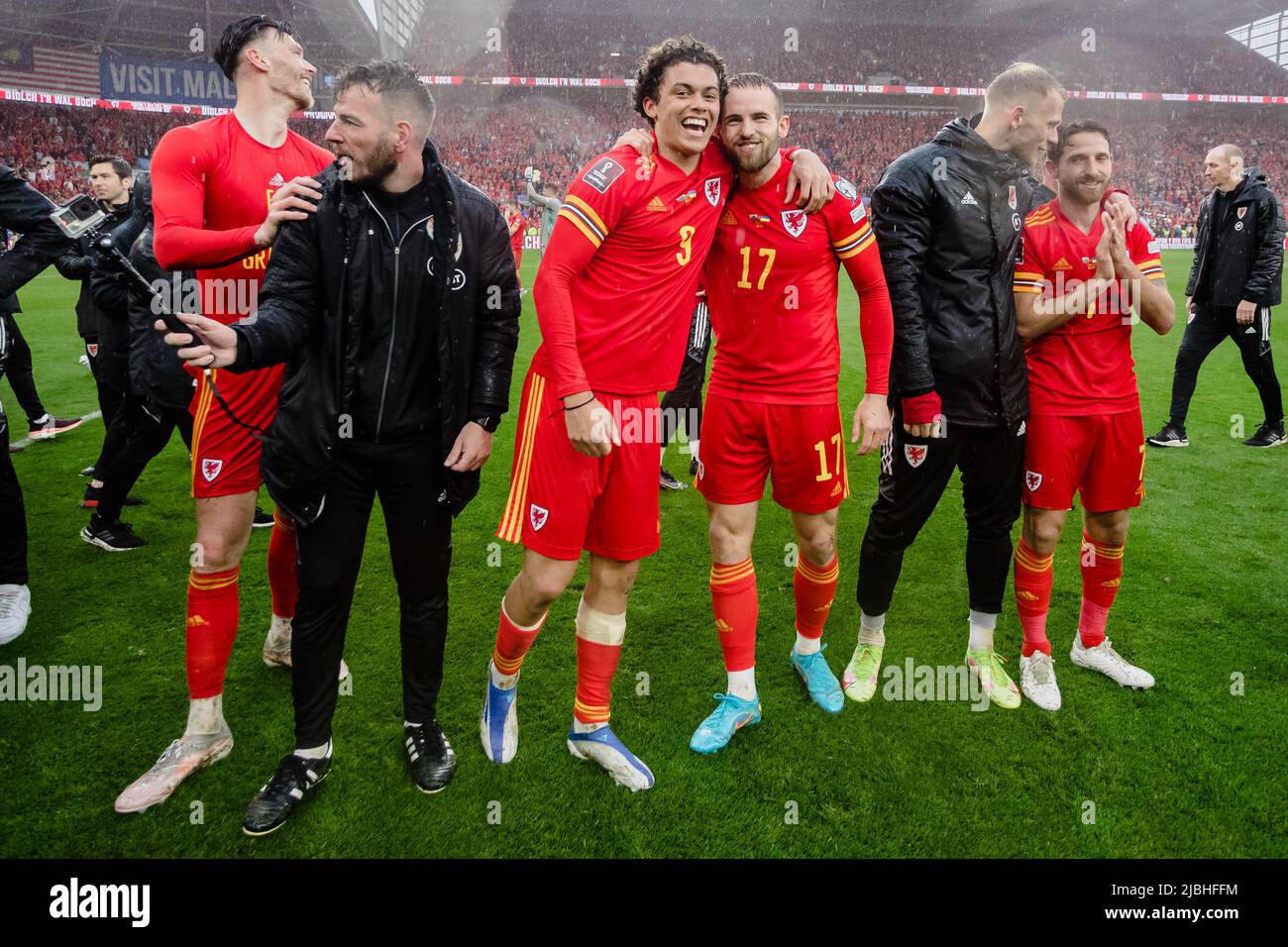 CARDIFF, WALES - 05 JUNE 2022: Wales' Brennan Johnson and Wales' Rhys ...