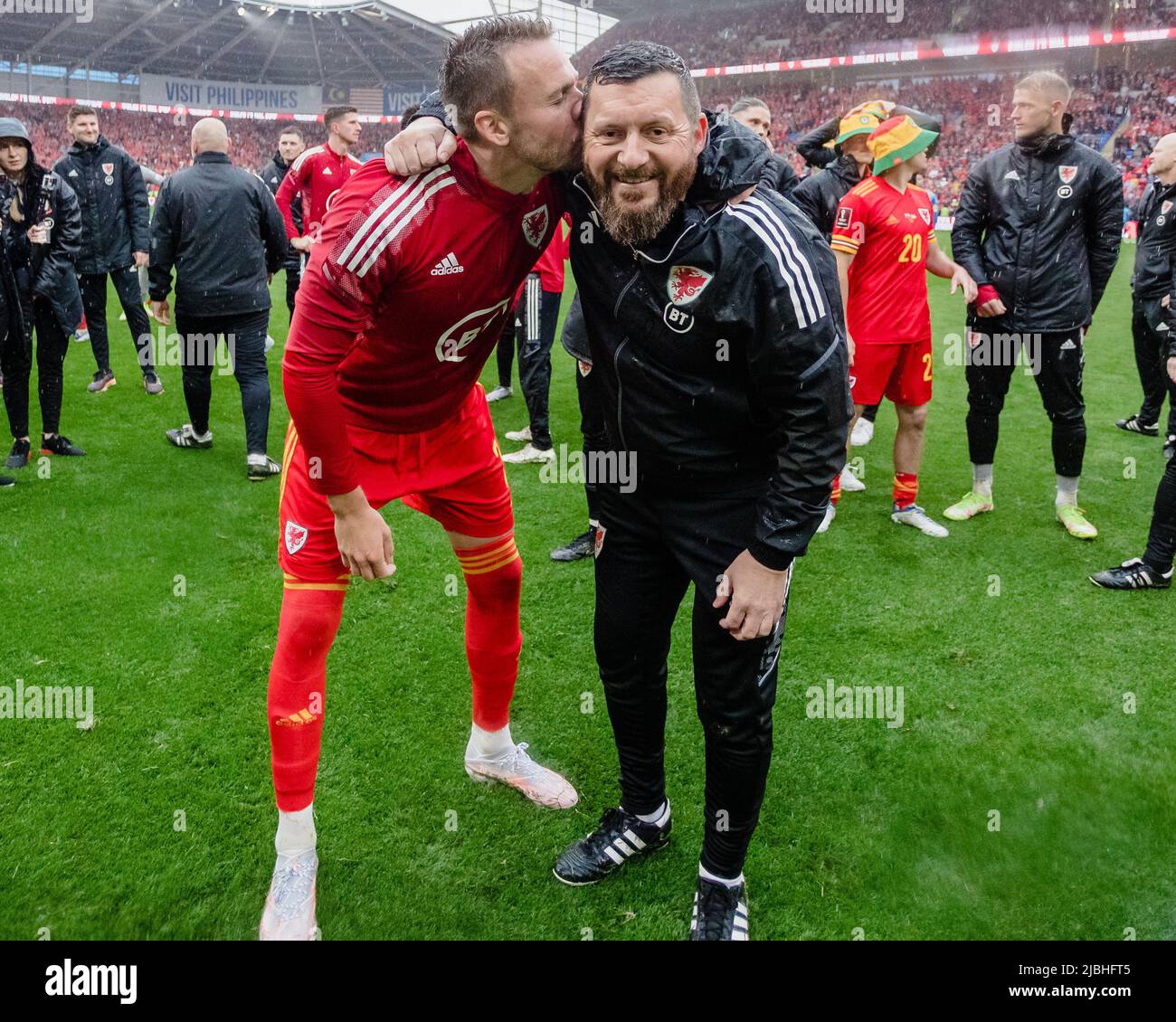 CARDIFF, WALES - 05 JUNE 2022: Wales' Chris Gunter and Wales’ Equipment ...