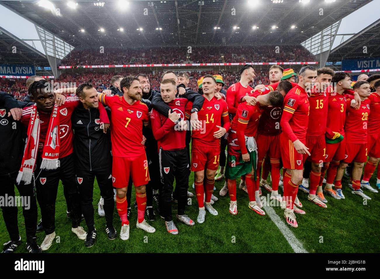 CARDIFF, WALES - 05 JUNE 2022: Wales celebrates while Dafydd Iwan sings ...