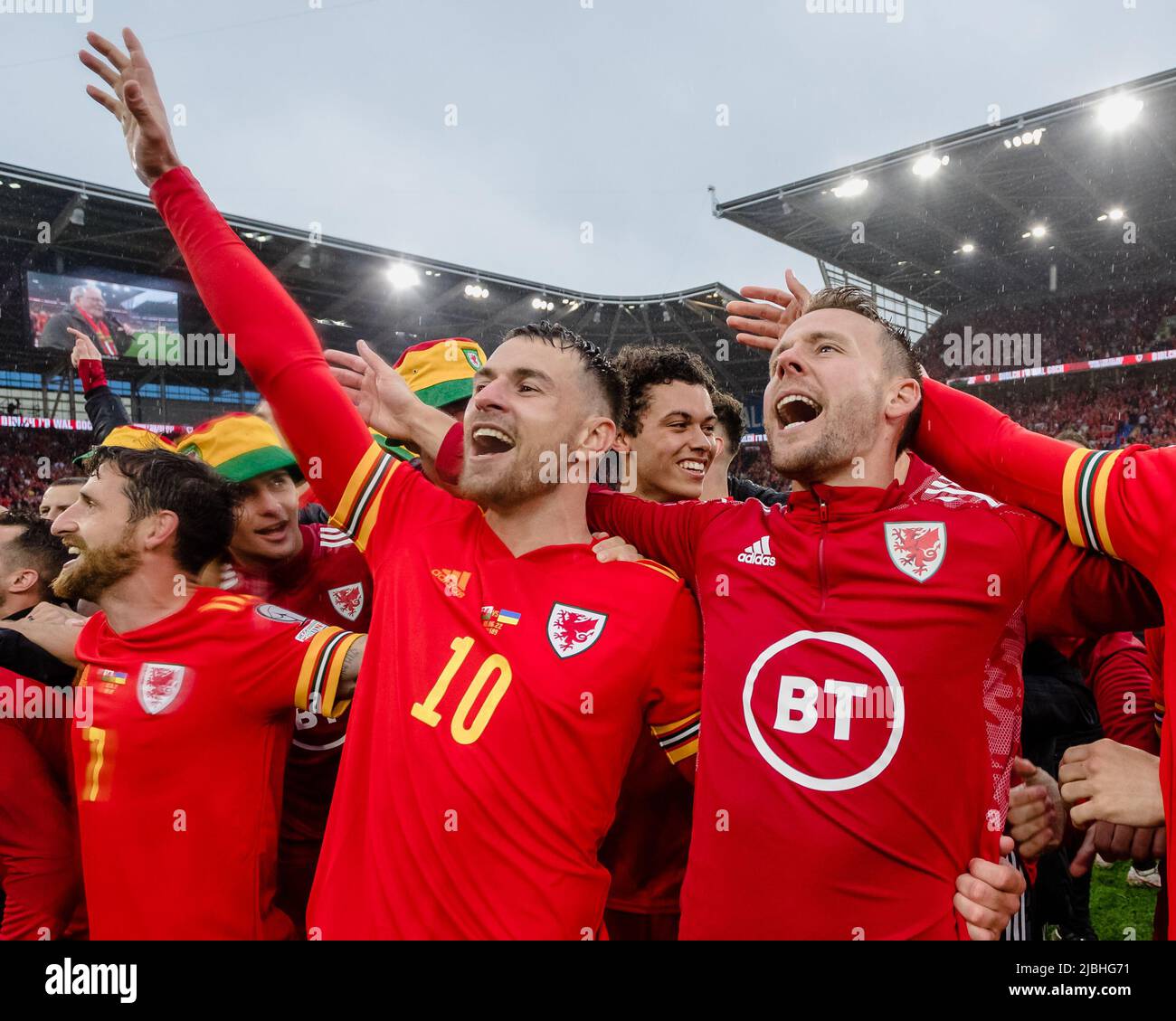 CARDIFF, WALES - 05 JUNE 2022: Wales' Ethan Ampadu, Wales' Aaron Ramsey ...