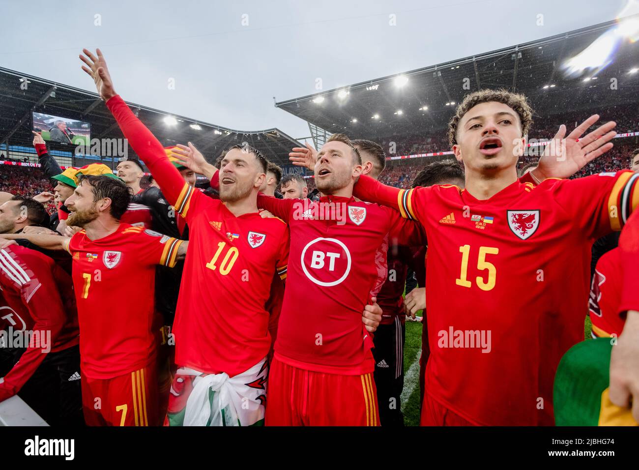CARDIFF, WALES - 05 JUNE 2022: Wales' Ethan Ampadu, Wales' Aaron Ramsey ...