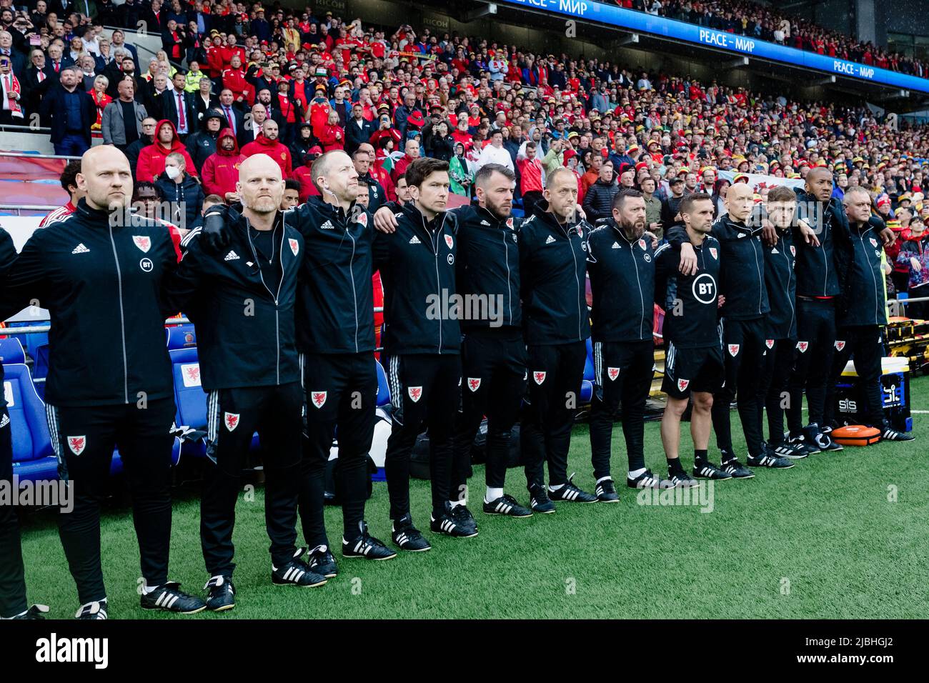 CARDIFF, WALES - 05 JUNE 2022: Wales backroom staff during he 2022 FIFA ...