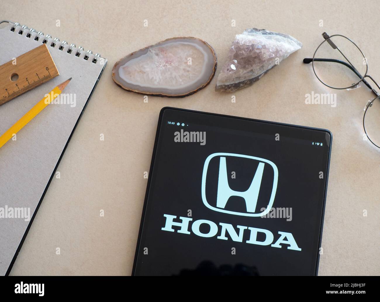 In this photo illustration Honda Motor Co., Ltd. logo seen displayed on ...