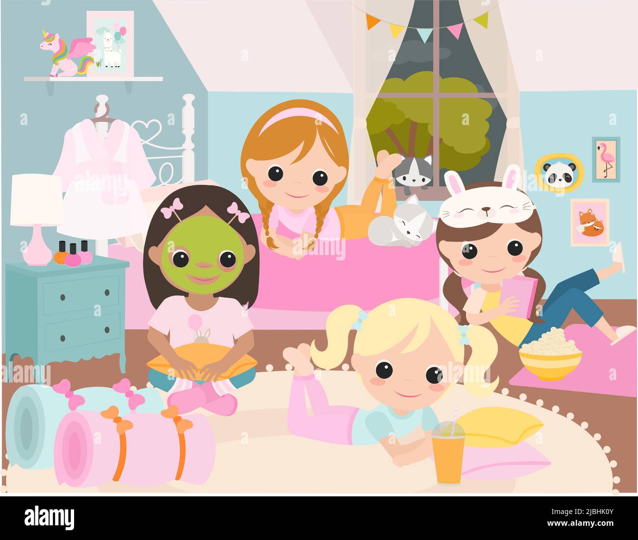 Sleepover pyjama party with popcorn and make over in a girls bedroom ...