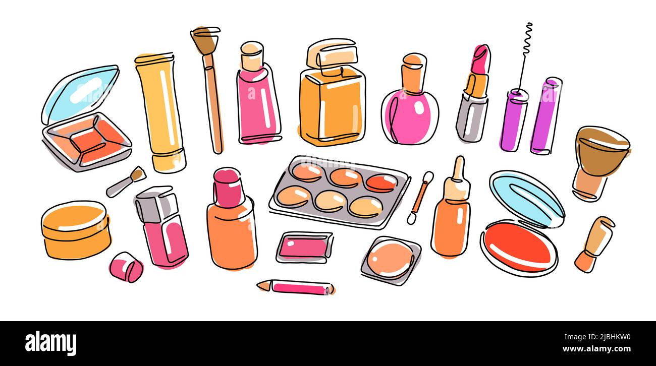 Makeup cosmetics set continuous line drawing. Beauty saloon one line ...