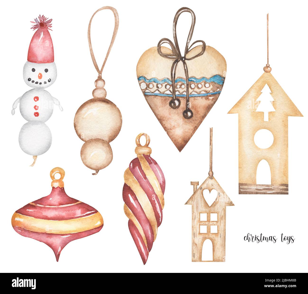 Watercolor Christmas tree toys clip art, Vintage style winter decor ...