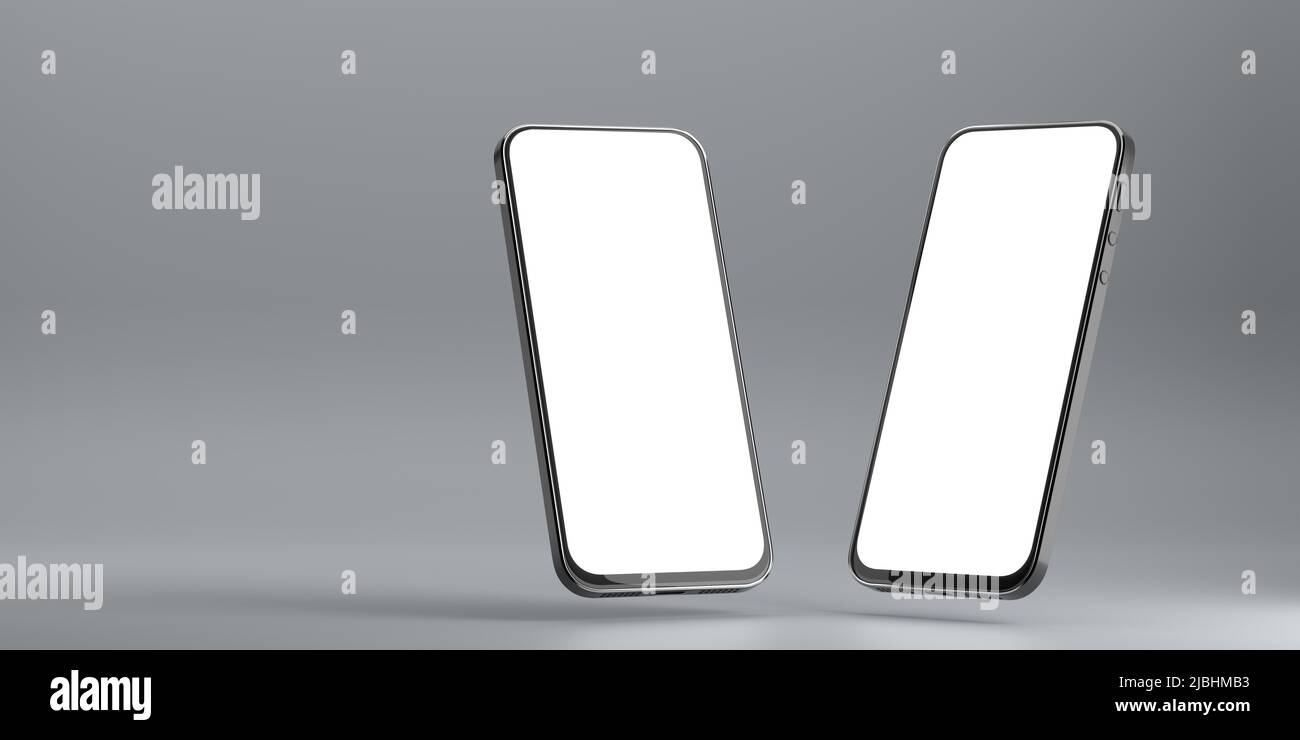 Mockup of two vertical phones, on a gray background. 3d render Stock ...