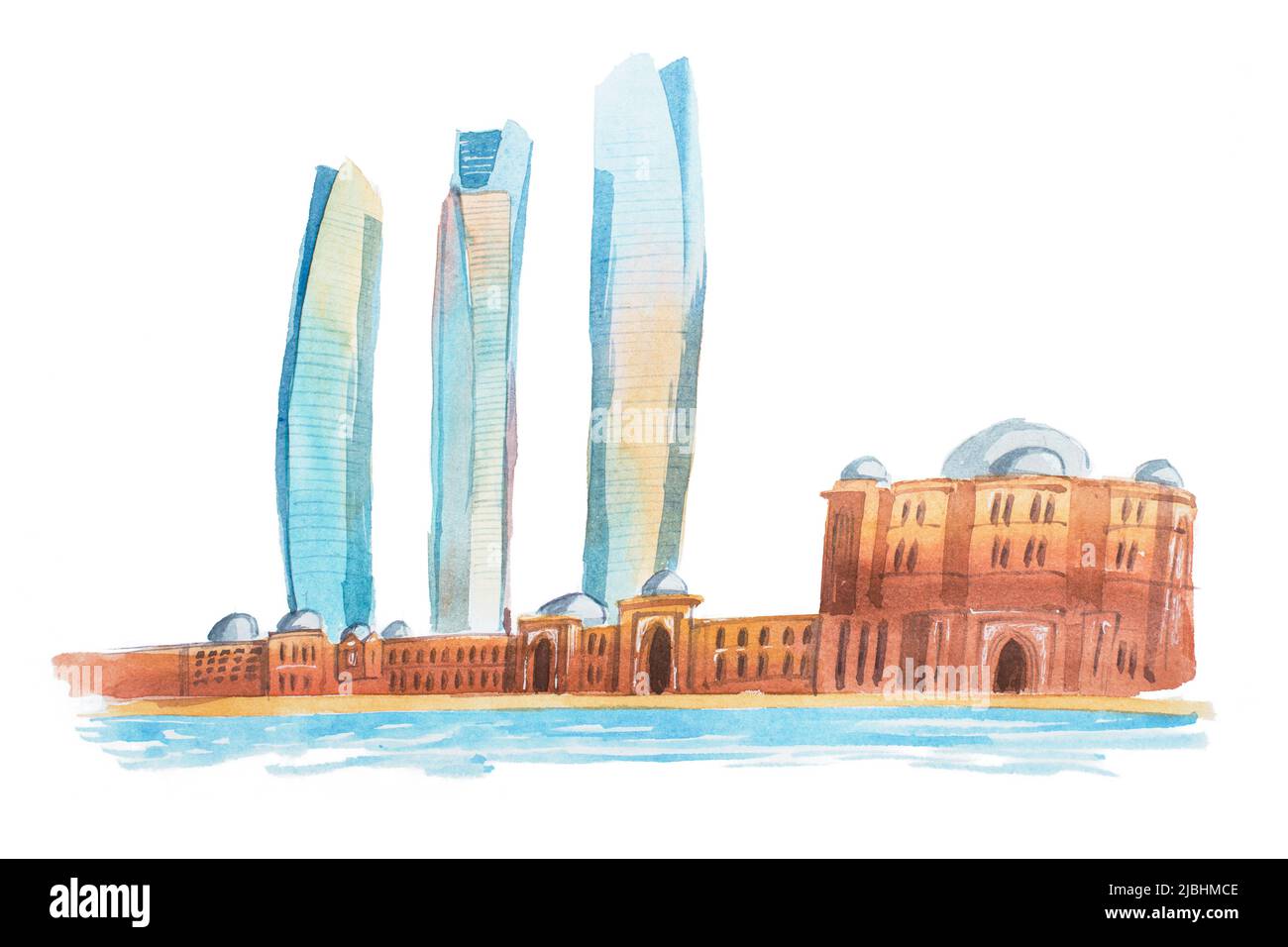 View of Abu Dhabi in the United Arab Emirates waterclor illustration ...