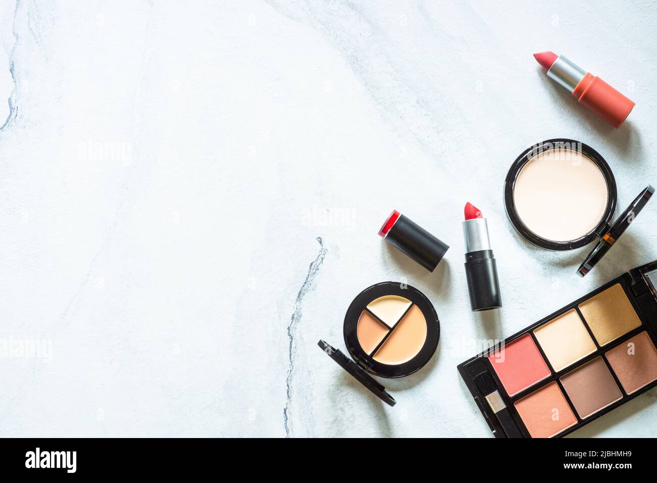 Makeup professional cosmetics on white marble background Stock Photo ...