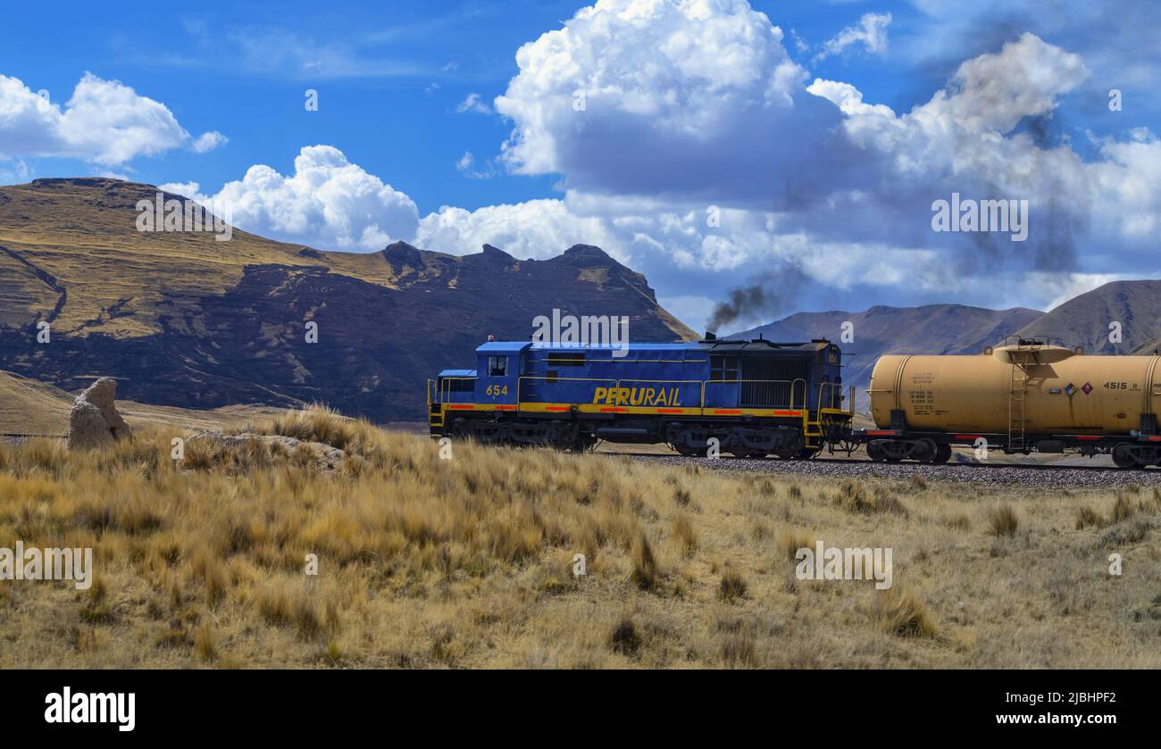 Freight train of Peruvian Railways in the Andes Stock Photo - Alamy