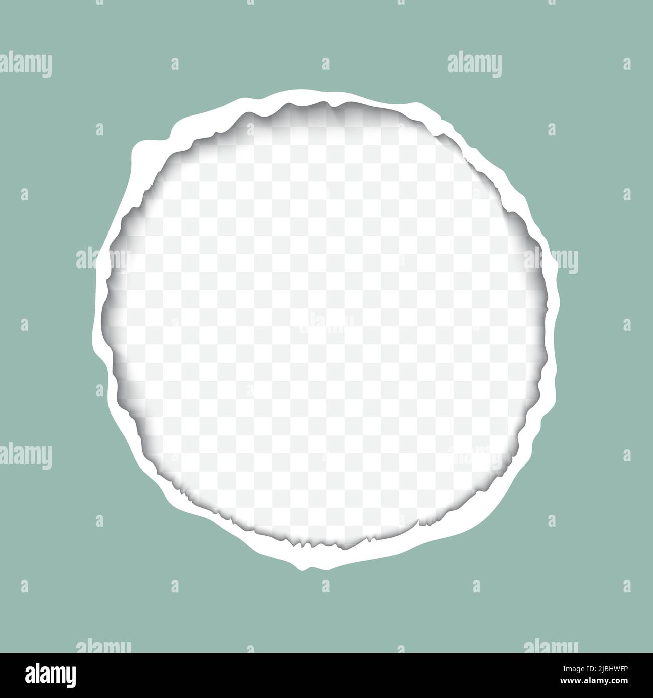 Round hole composition in green paper with torn edges and soft shadow ...