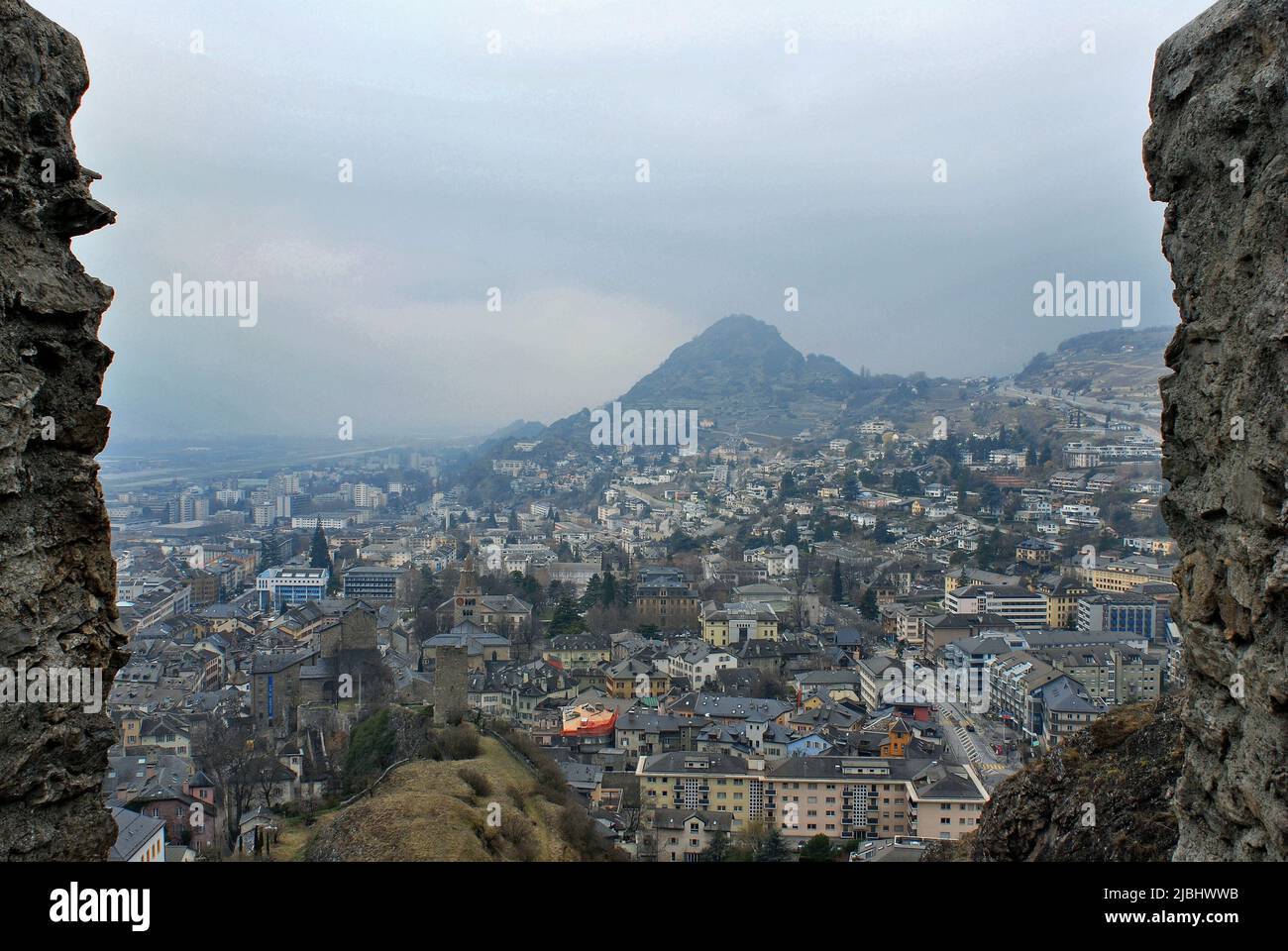 City of Sion as seen from the castle on a cloudy winter's day Stock ...