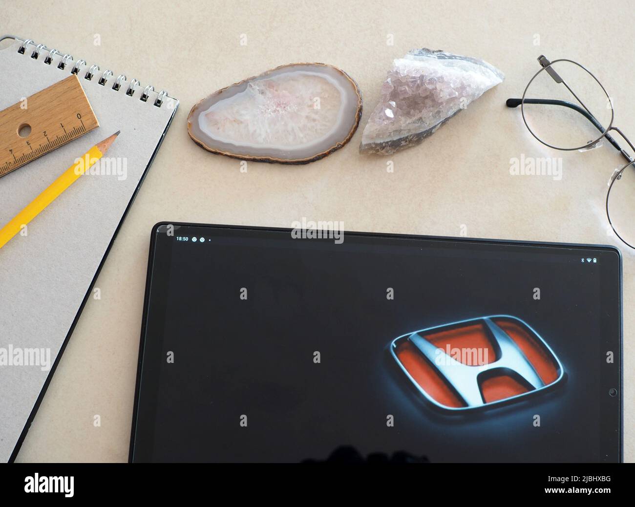 In this photo illustration Honda Motor Co., Ltd. logo seen displayed on ...