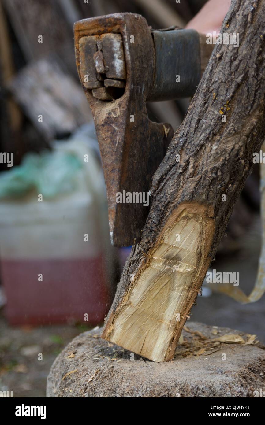 Process of sharpening wooden stick with an ax outdoor in a garden ...