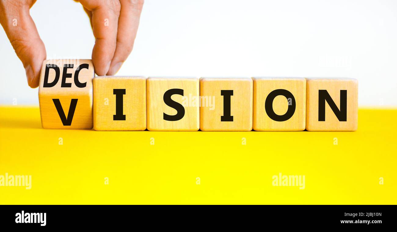Vision and decision symbol. Businessman turns wooden cubes and changes ...