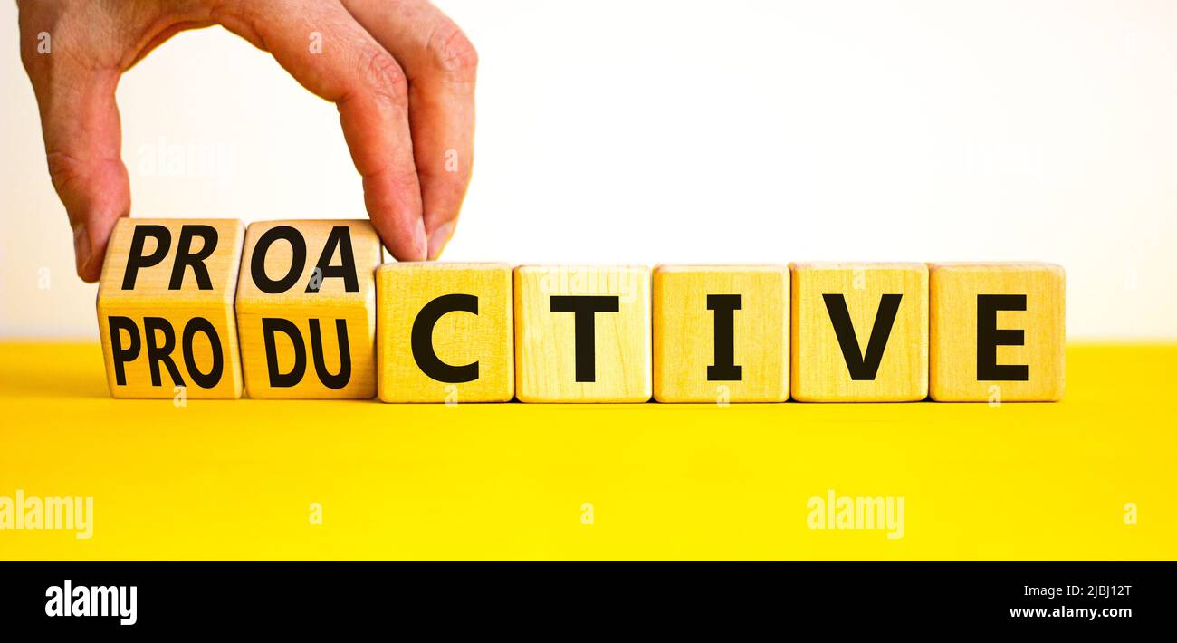 Proactive and productive symbol. Businessman turns cubes and changes ...