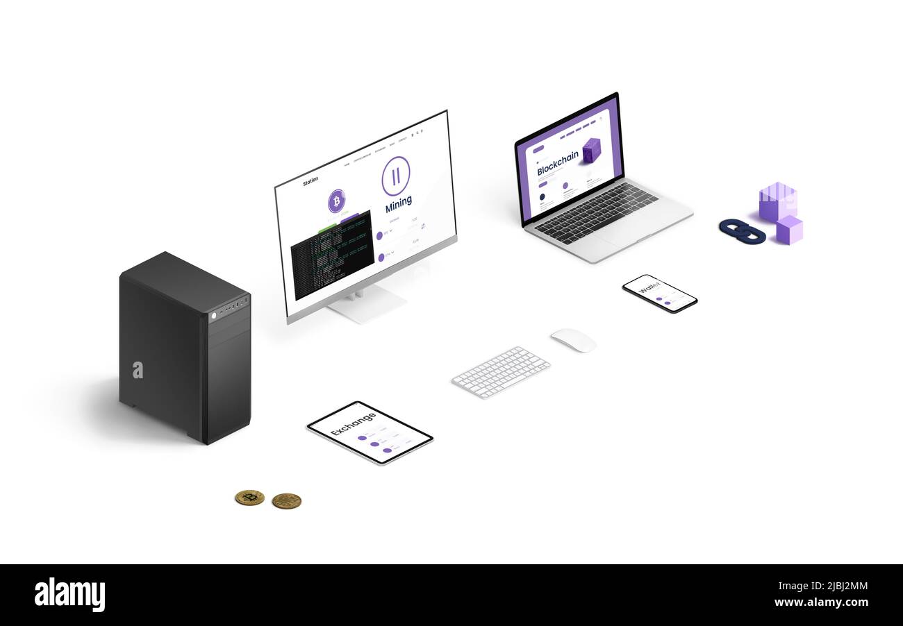 Blockchain mining concept with computer, laptop, tablet and smart phone ...