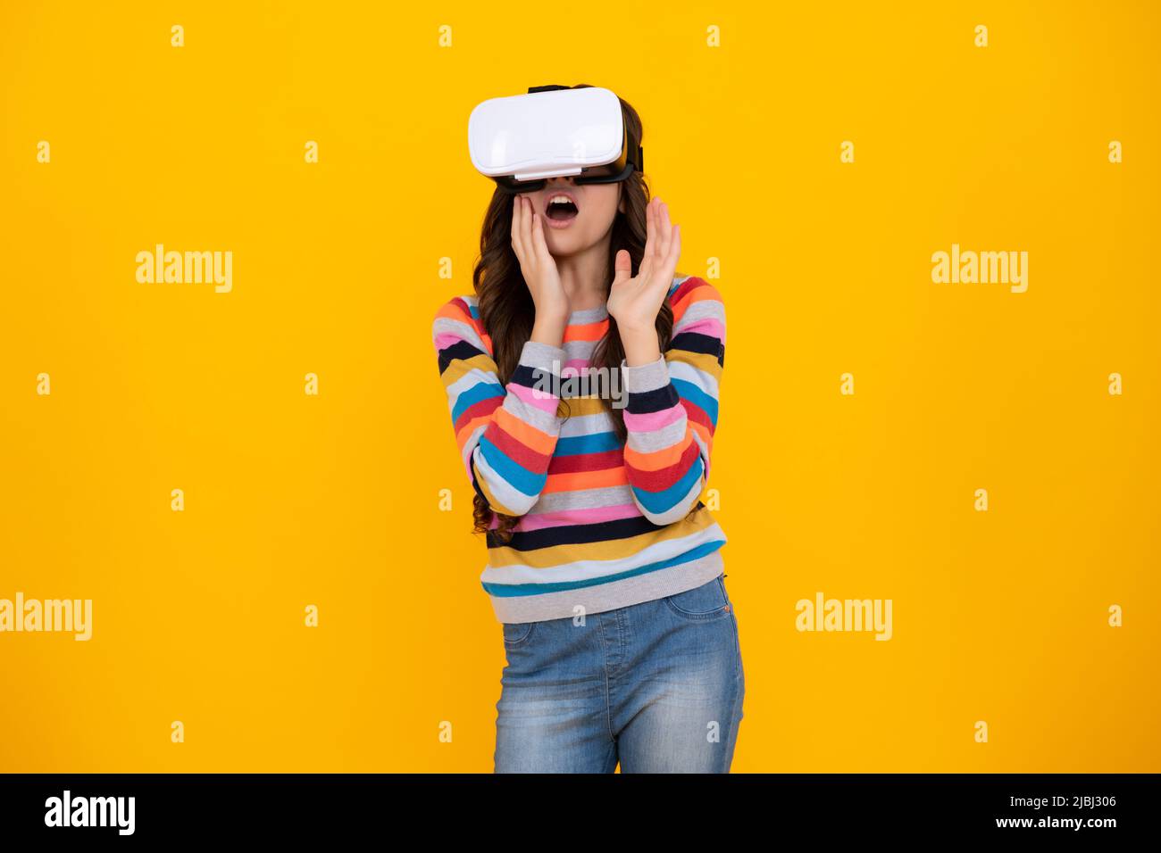 Virtual gadgets for kids, free time and study. Teenage girl uses vr ...