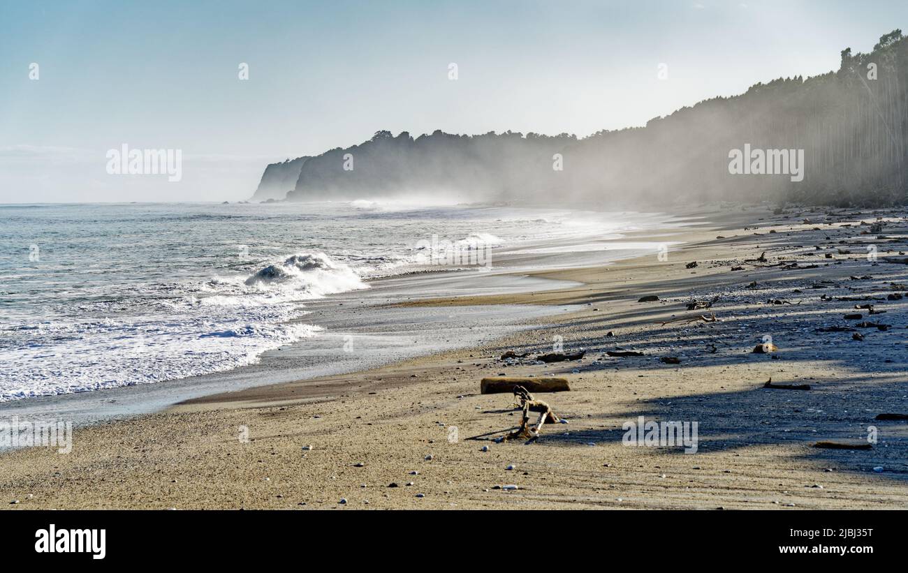 Bruce Bay, early morning sunlight through the haze, west coast, south ...
