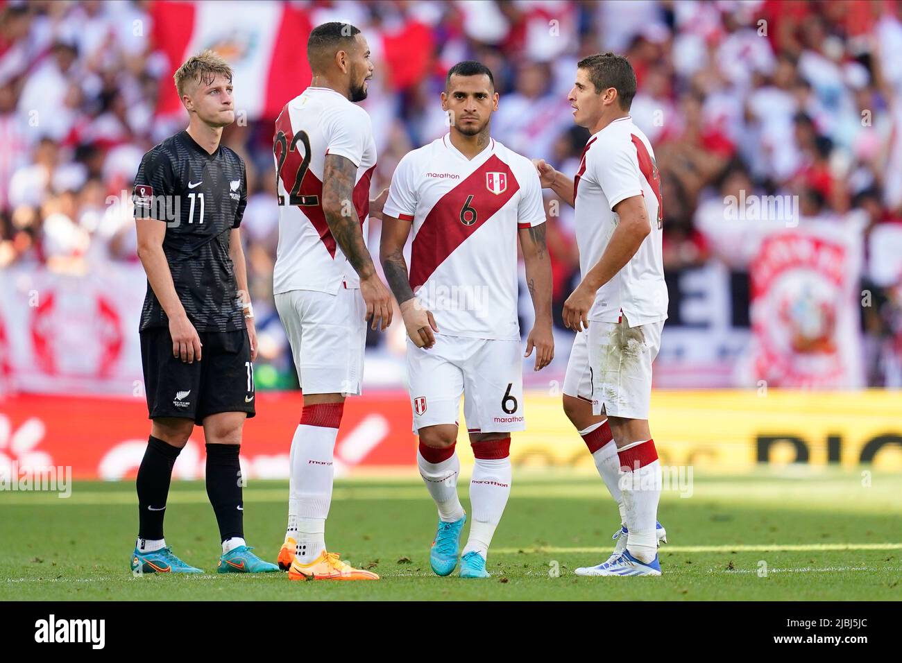 Miguel Trauco of Peru and Alex Greive of New Zealand during the ...