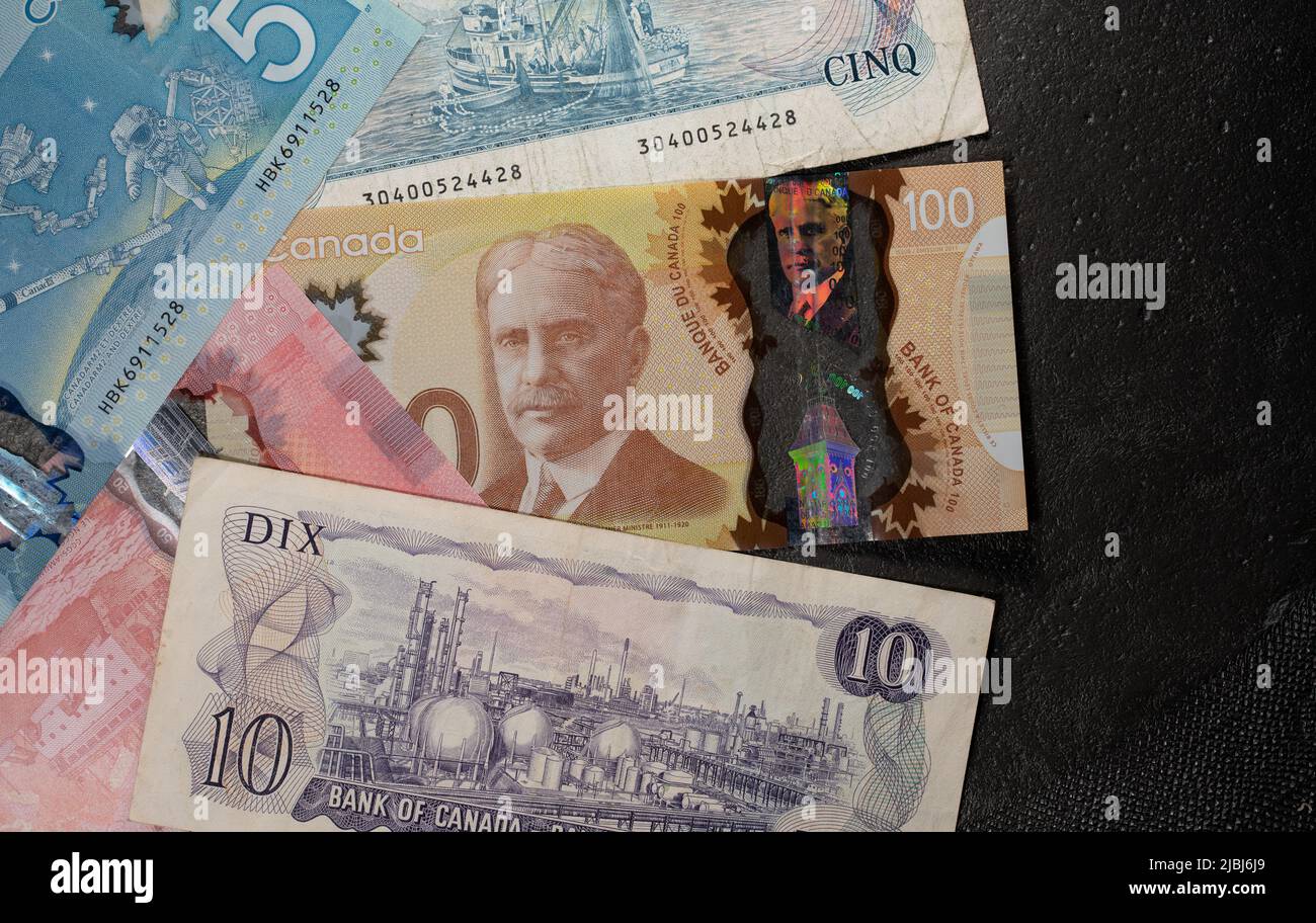 Toronto, Canada - October 30. 2021: Canadian Dollar bills different ...