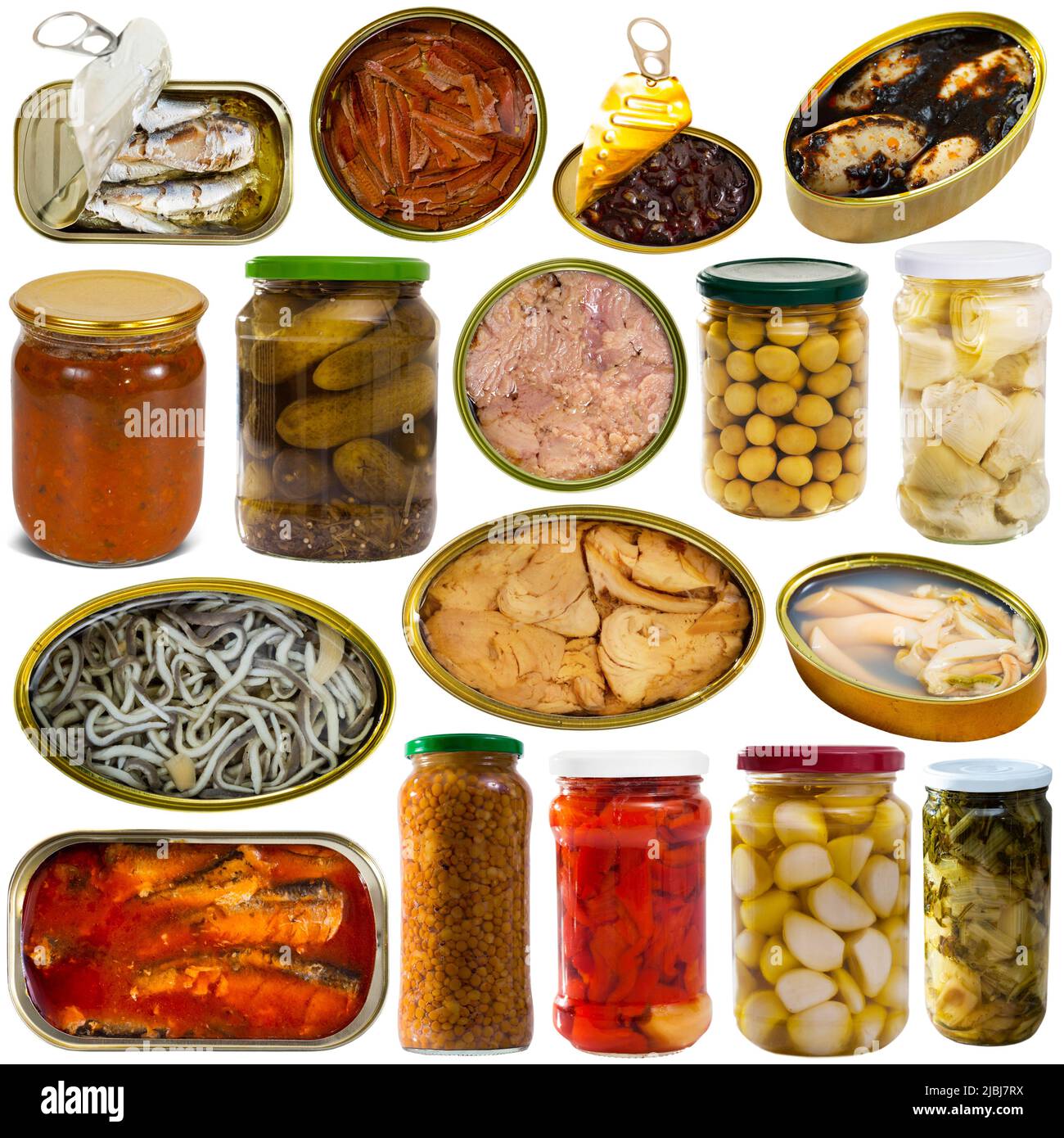 Assorted various canned goods with meat, vegetables and seafood on a ...