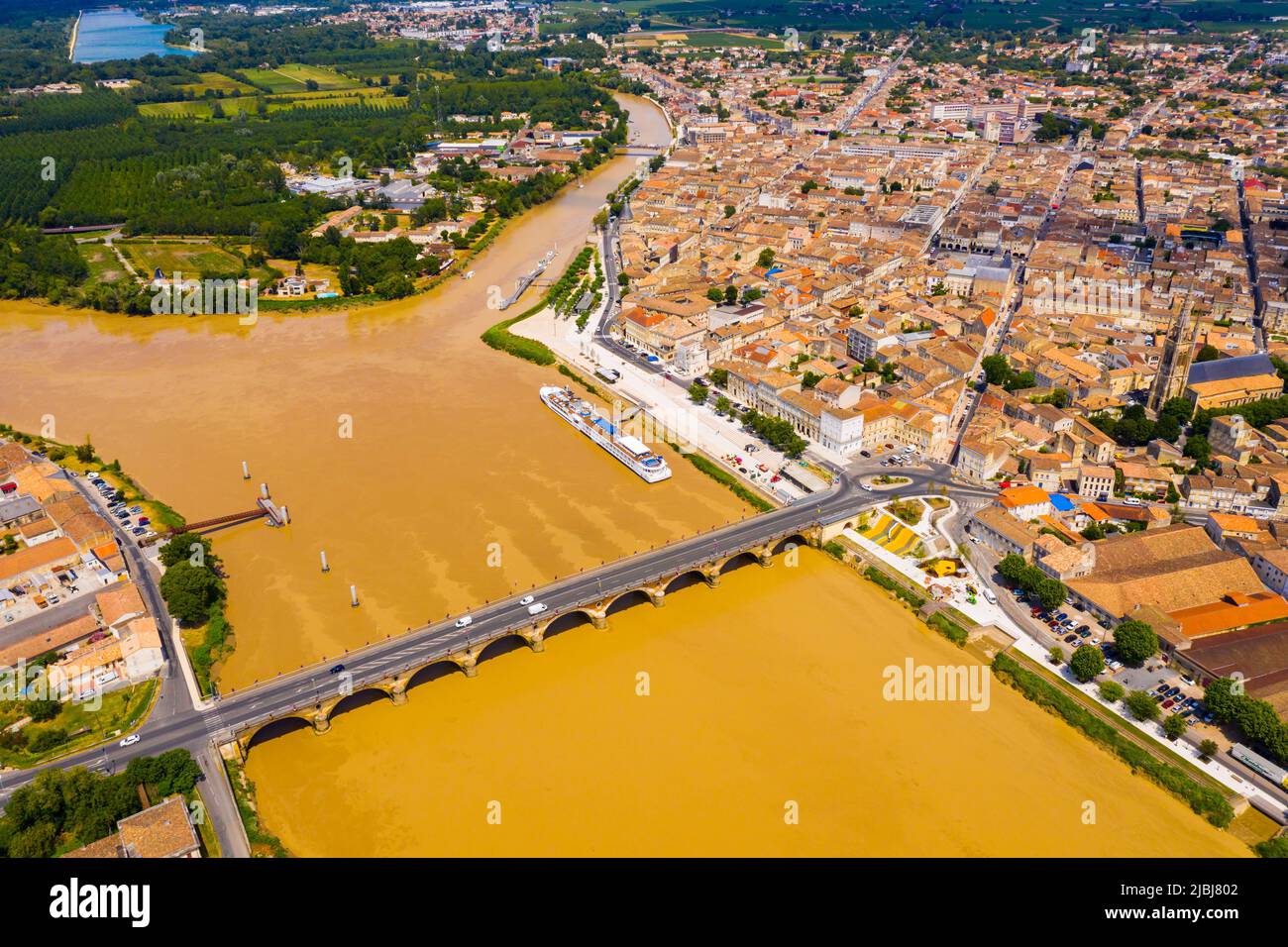 Panoramic view from the drone on the city Libourne. Confluence of the ...