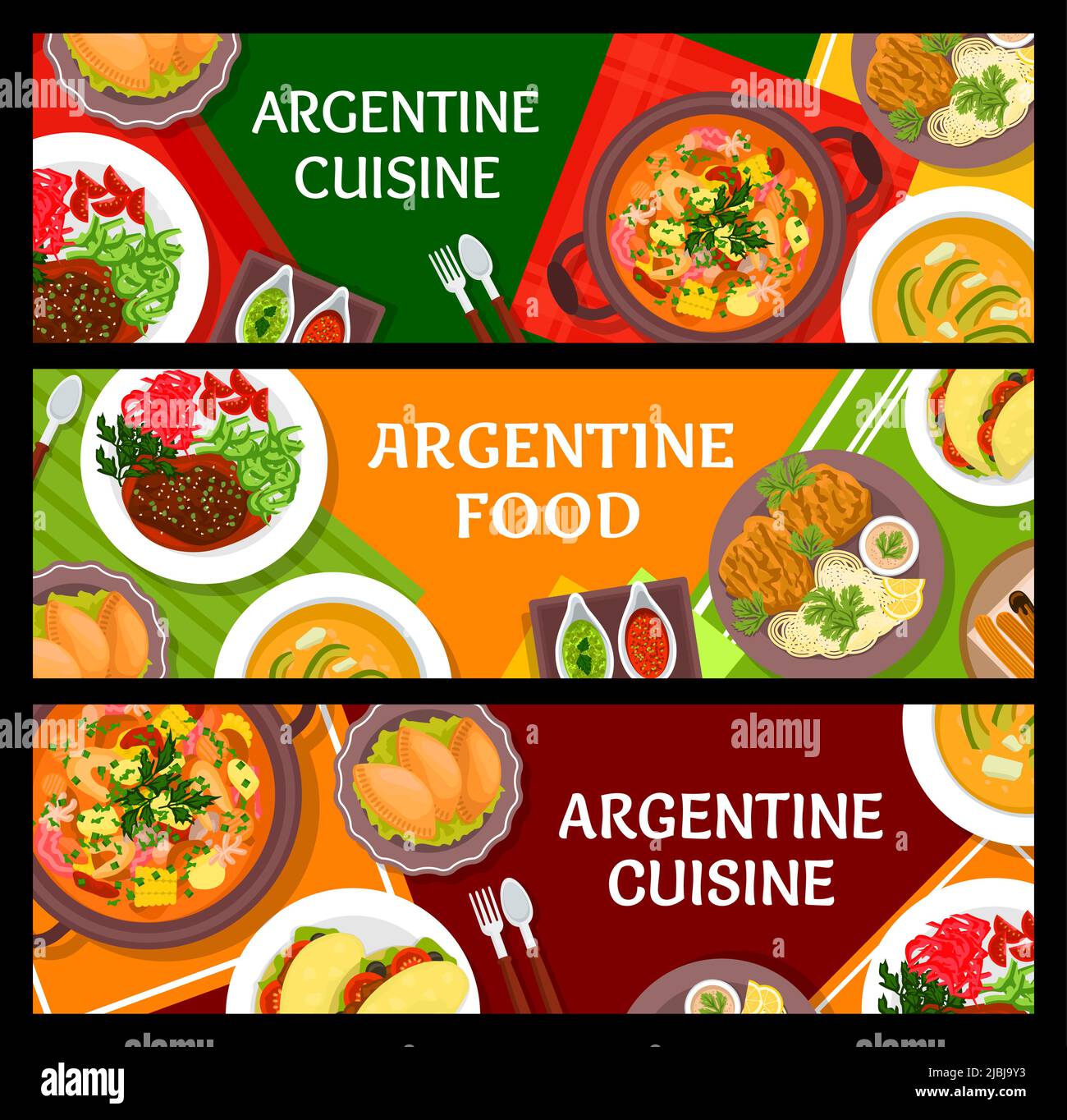 Argentine cuisine meals banners. Cookie churros, soup Locro and Chorizo ...