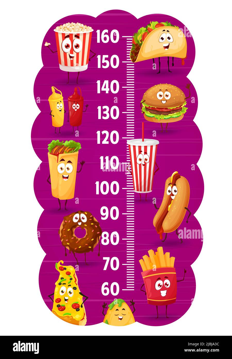 Fast food cartoon characters on kids height chart. Children growth ...