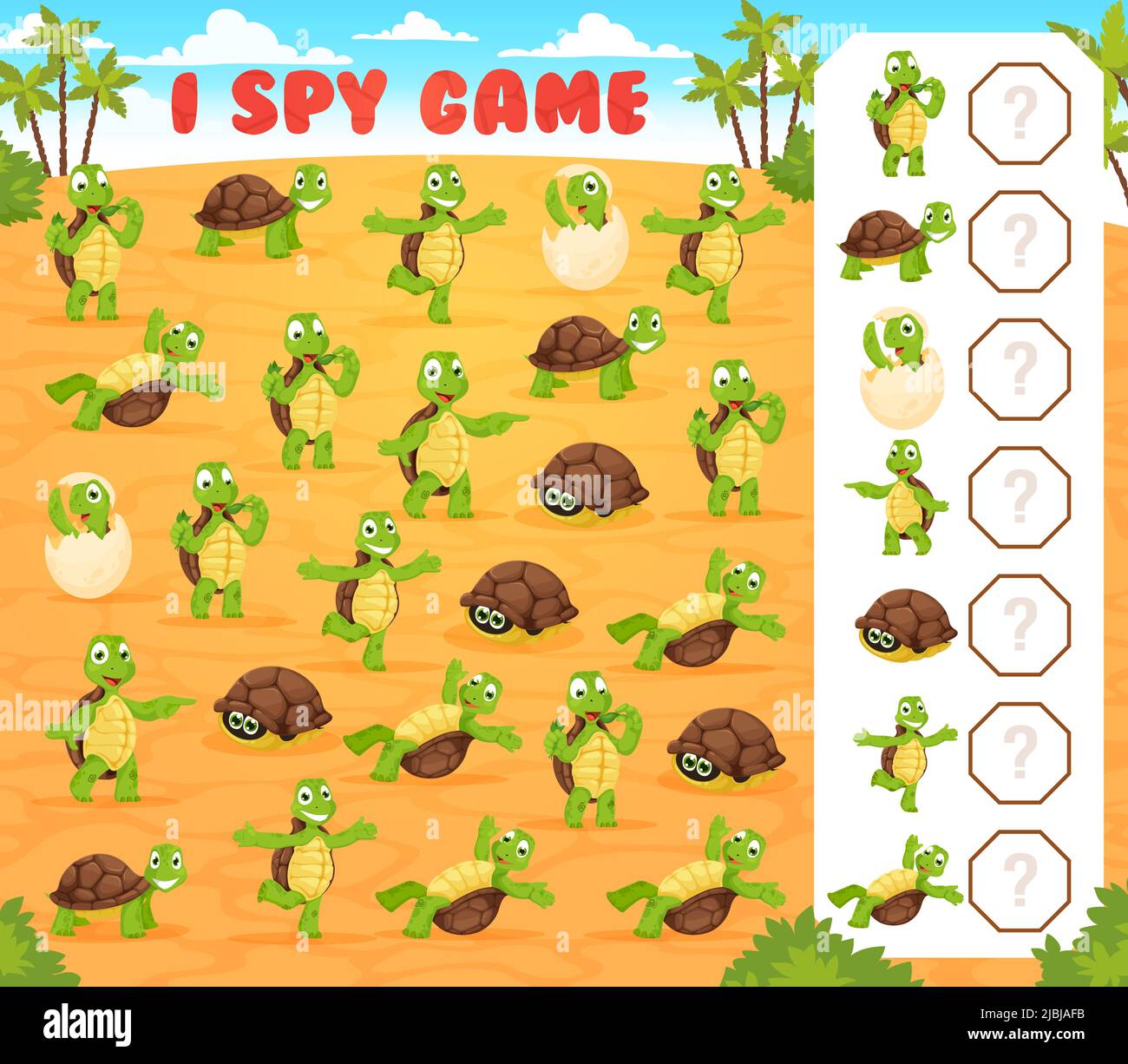 I spy game worksheet with cartoon turtles, cheerful tortoise animal ...