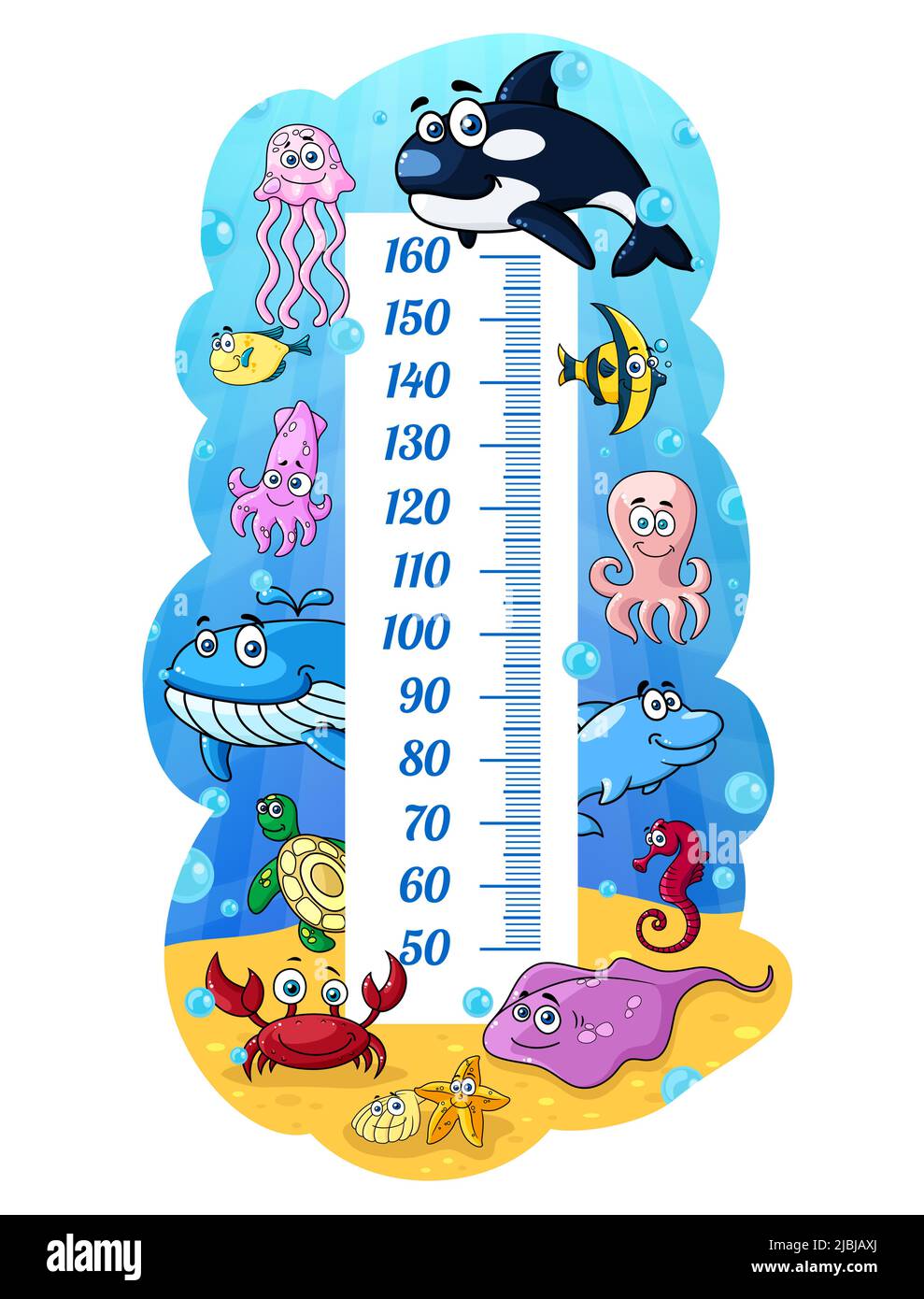 Kids height chart, cartoon underwater animals, growth measure meter ...