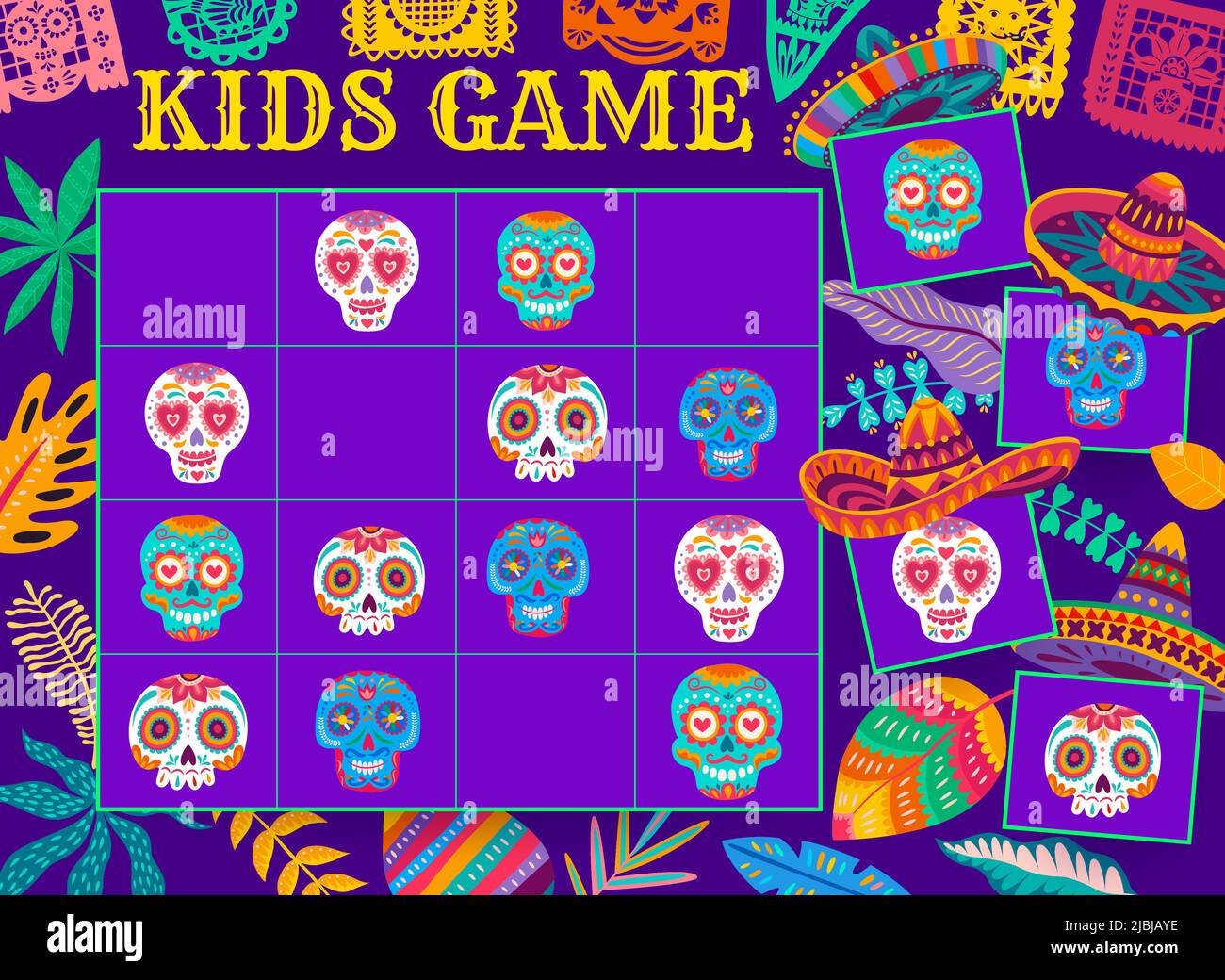 Sudoku kids game with Mexican sugar calavera skull, vector riddle ...