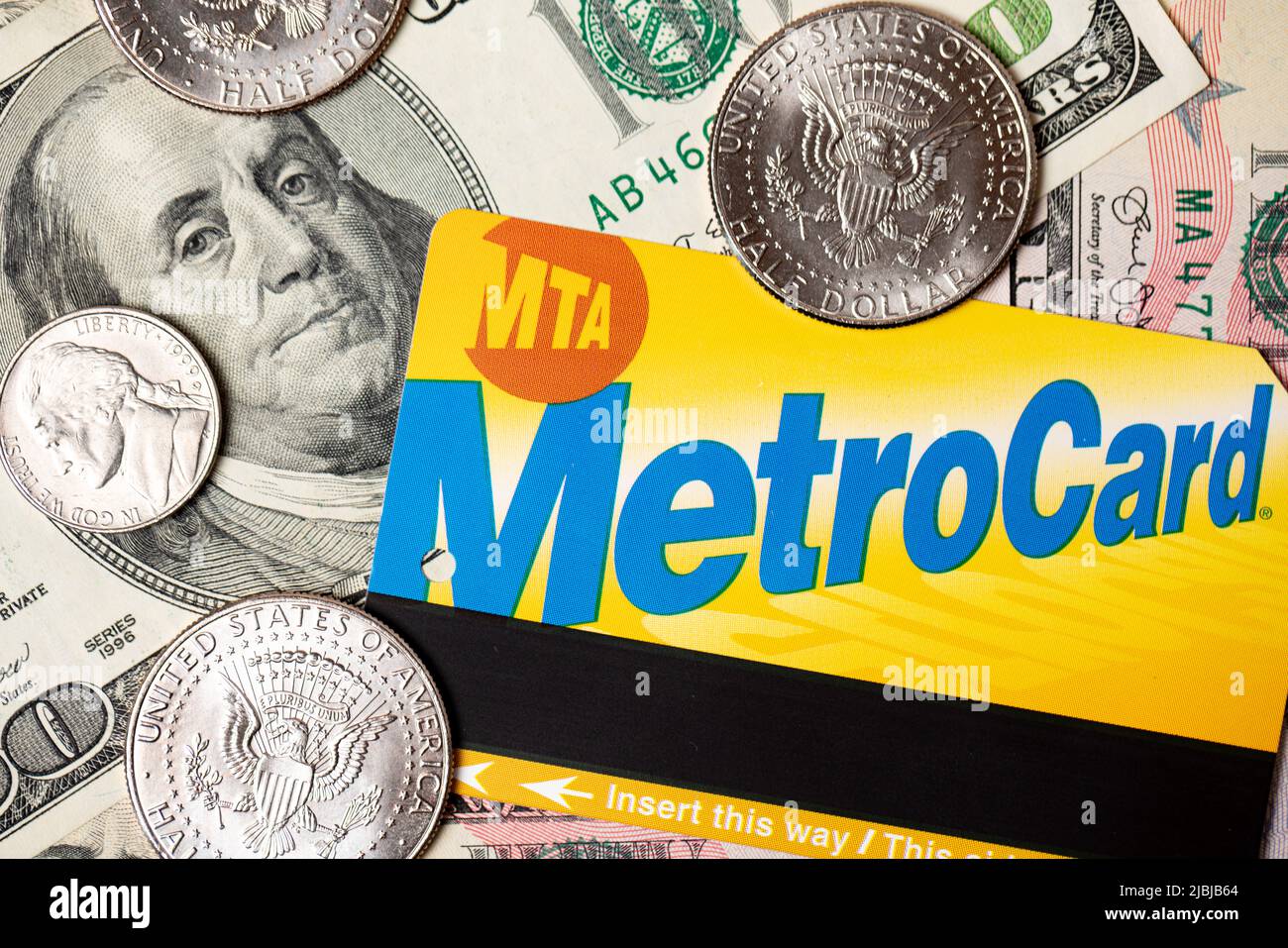 Manhattan, New York/USA - April 8. 2021: Metrocard with dollar ...