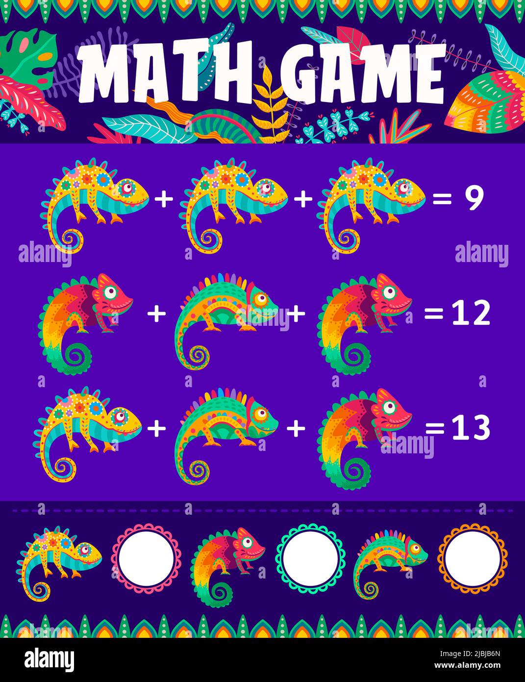 Mexican cartoon chameleons, math game worksheet, vector education maze ...