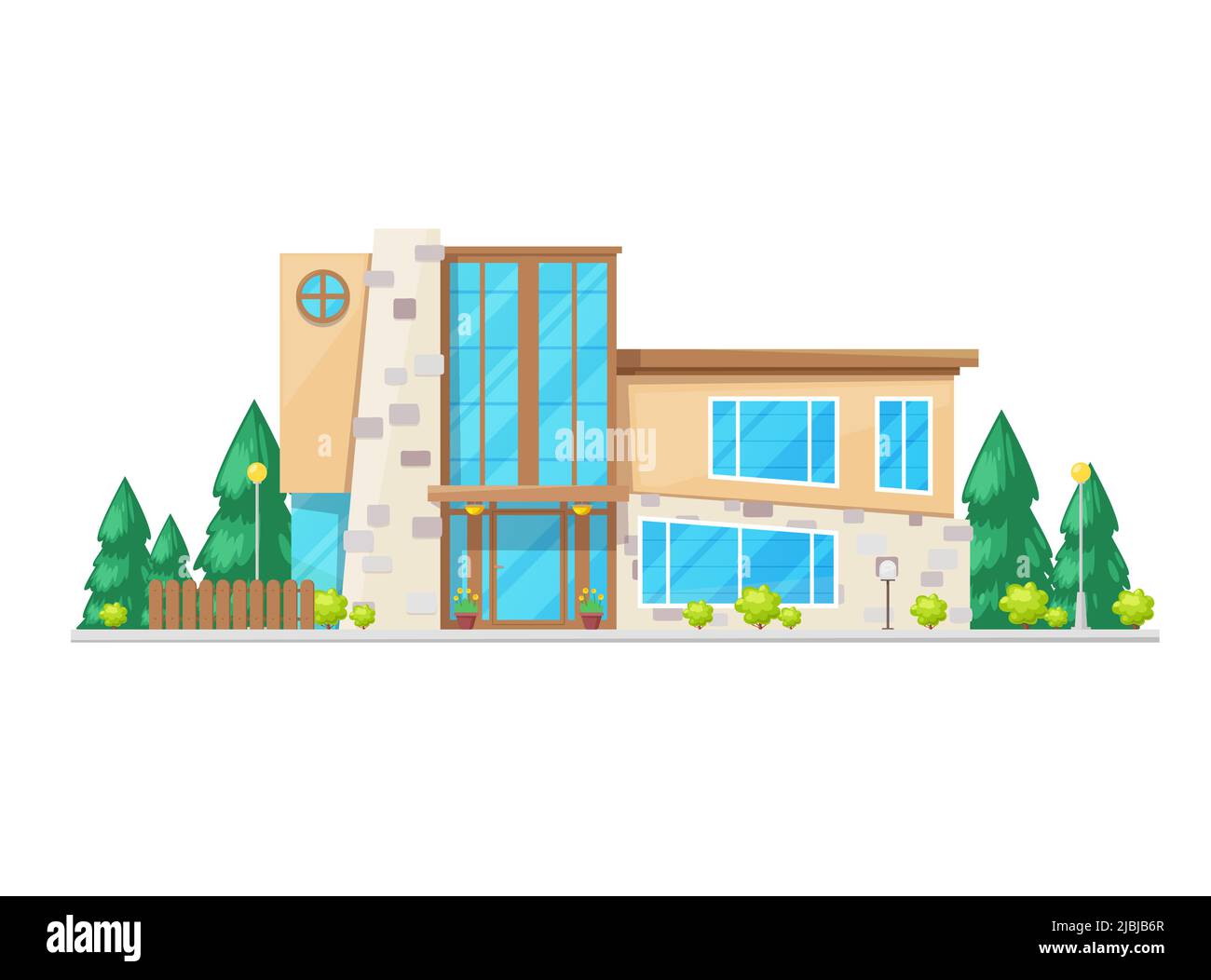 Modern home building framed by natural stone wall trim, vector real ...