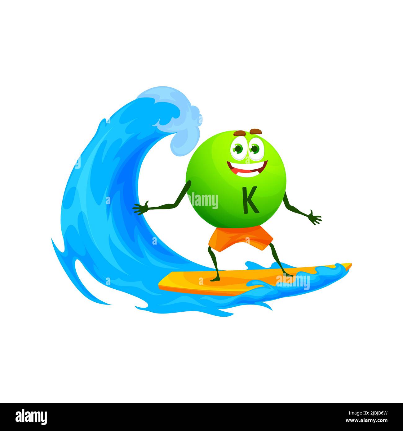 Cartoon potassium, kalium micronutrient on surf board. Funny vector K ...