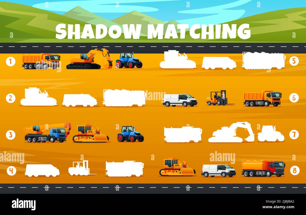 Shadow matching game worksheet. Industrial machinery transport truck ...
