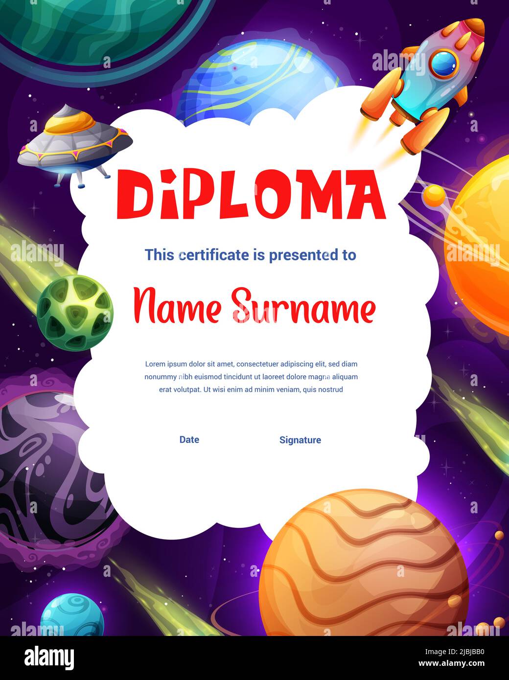 Cartoon universe planets, asteroids, rocket and UFO in space, vector ...