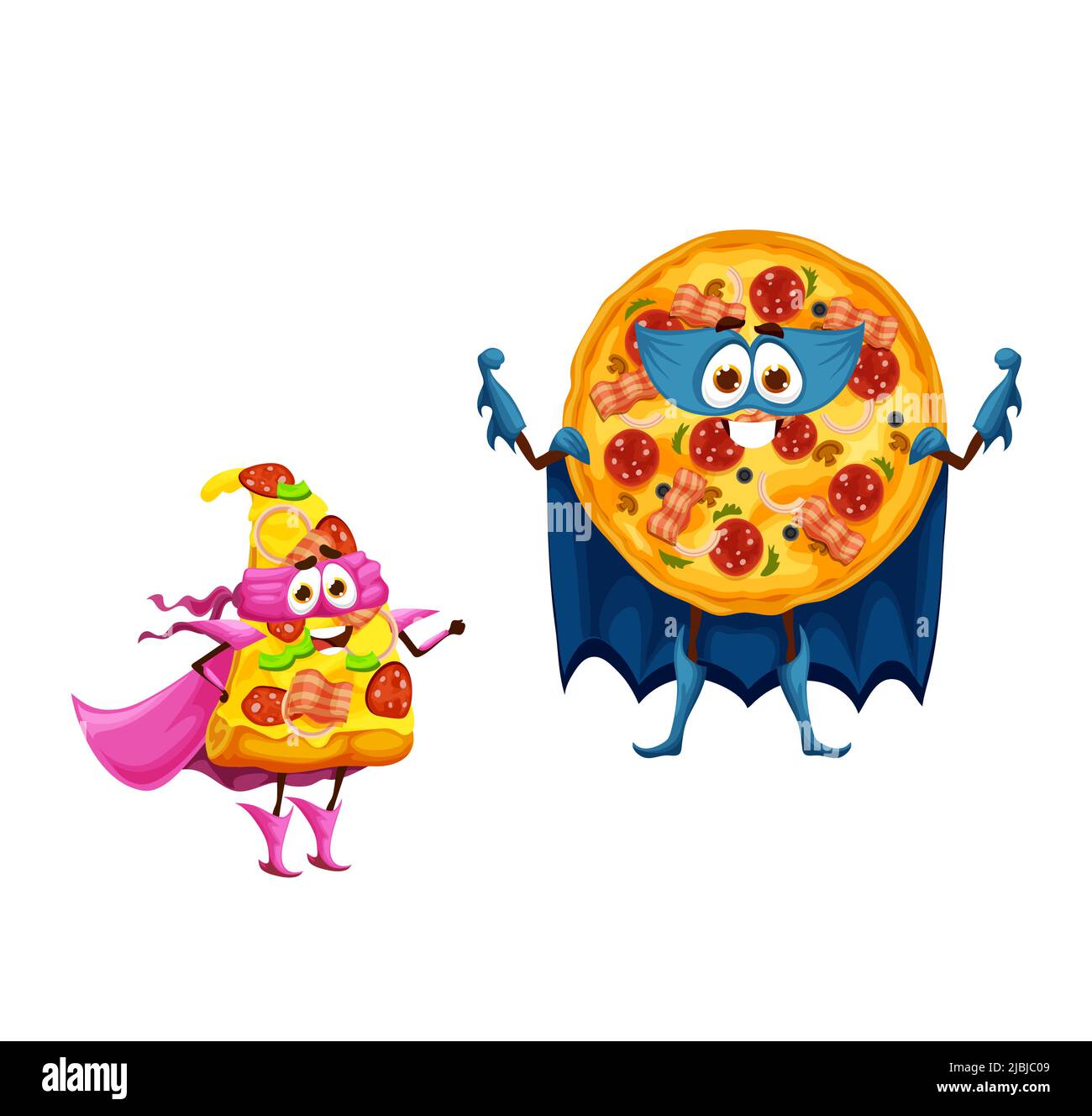 Cartoon funny pizza superhero characters, fast food super hero defender ...