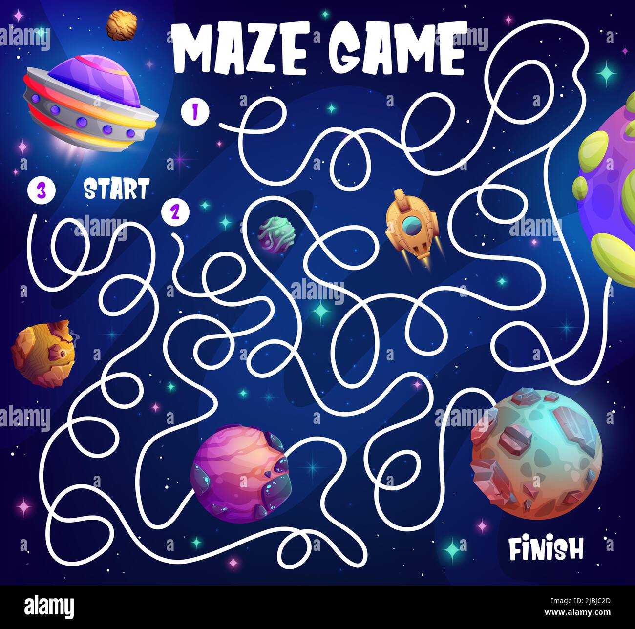Cartoon space planets, stars and spacecraft UFO, labyrinth maze game ...