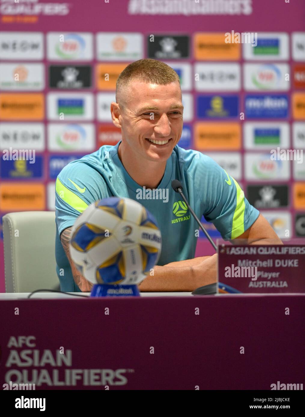 Doha, Qatar. 6th June, 2022. Australia's player Mitchell Duke attends a ...
