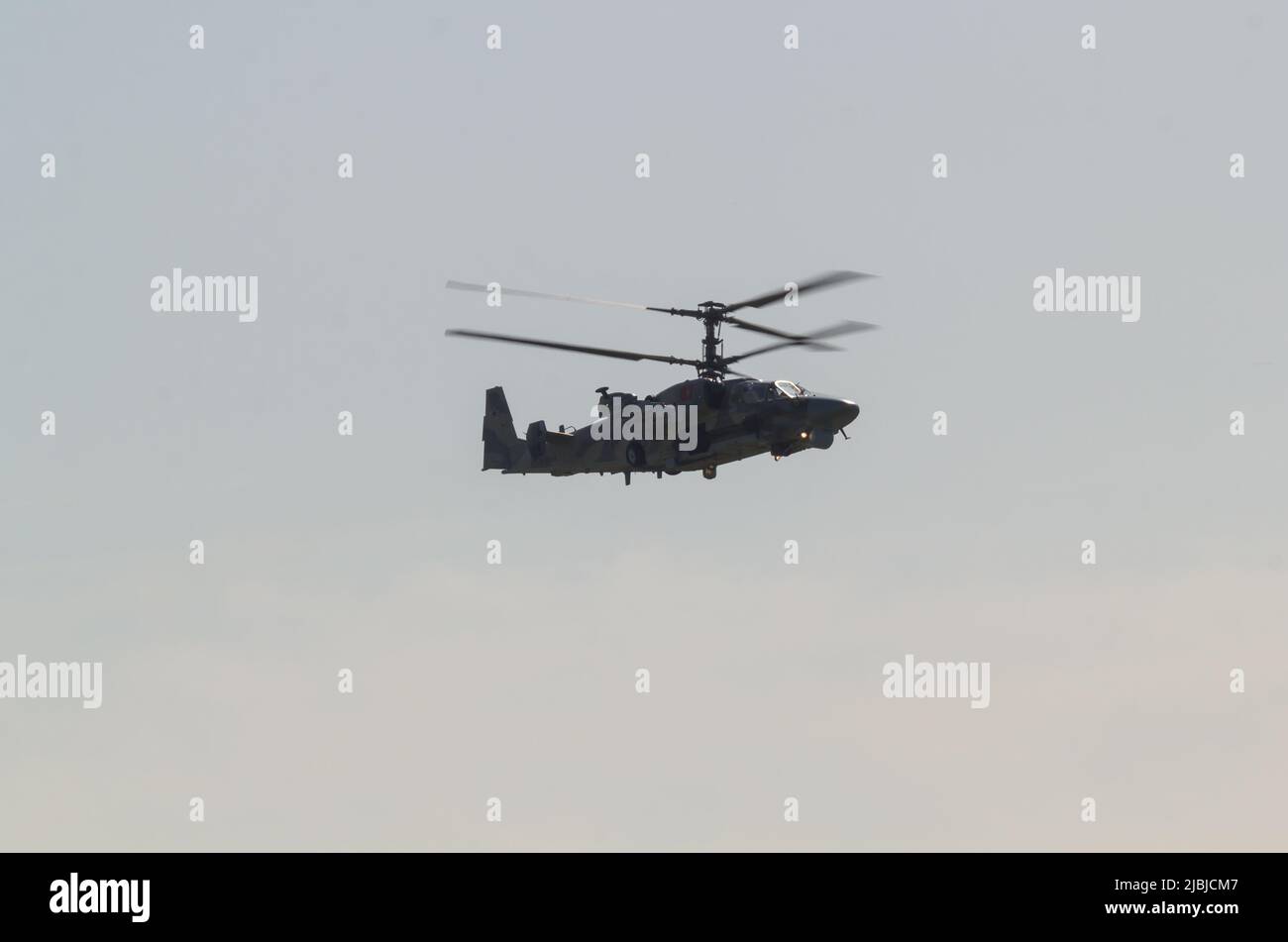 29 AUGUST 2019 MOSCOW, RUSSIA: A military dark helicopter with two pair ...