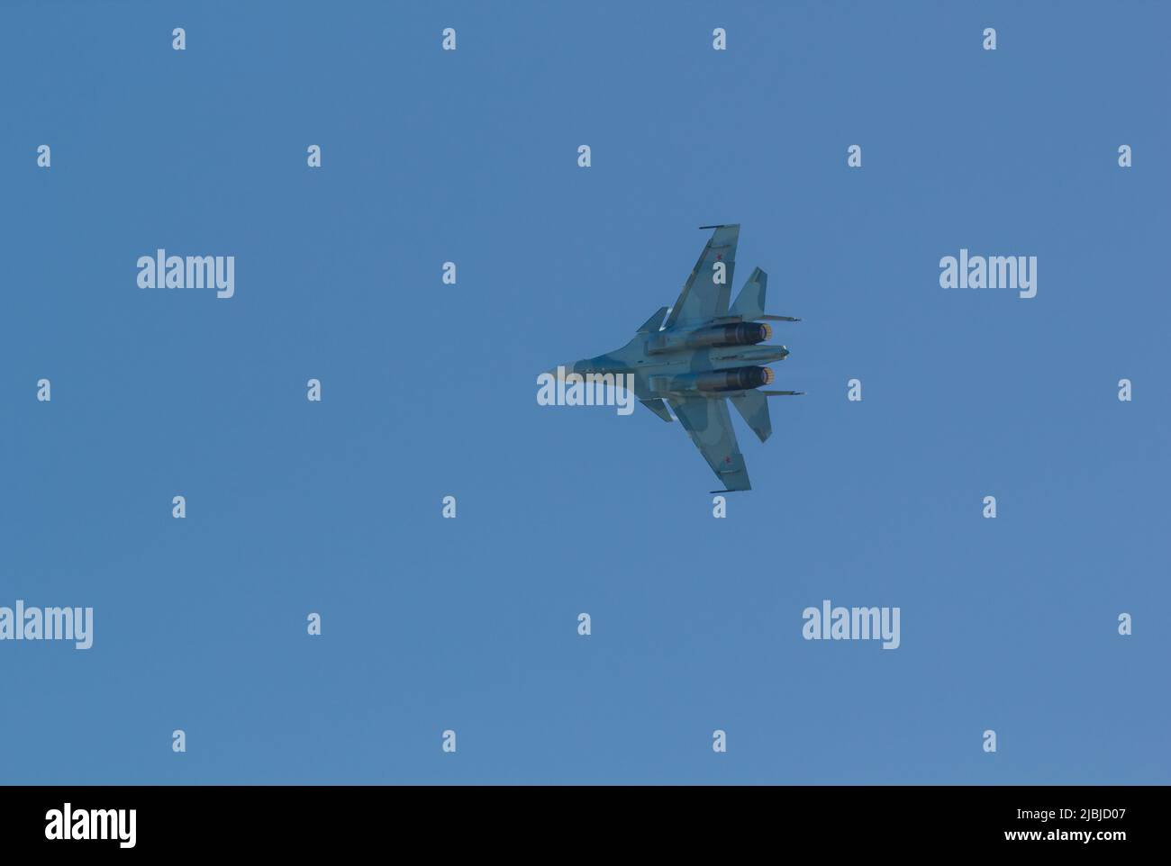 29 AUGUST 2019 MOSCOW, RUSSIA: A military fighter jet with red stars at ...
