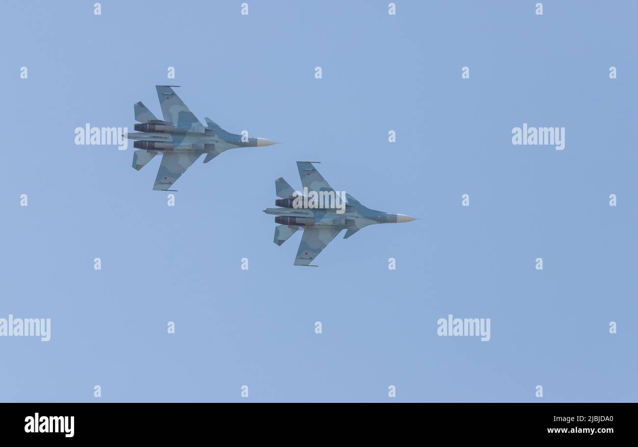 29 AUGUST 2019 MOSCOW, RUSSIA: Two military fighter jets flying in the ...