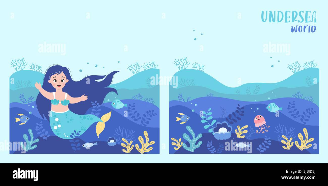 Underwater square poster set with cute mermaid on seabed, underwater ...